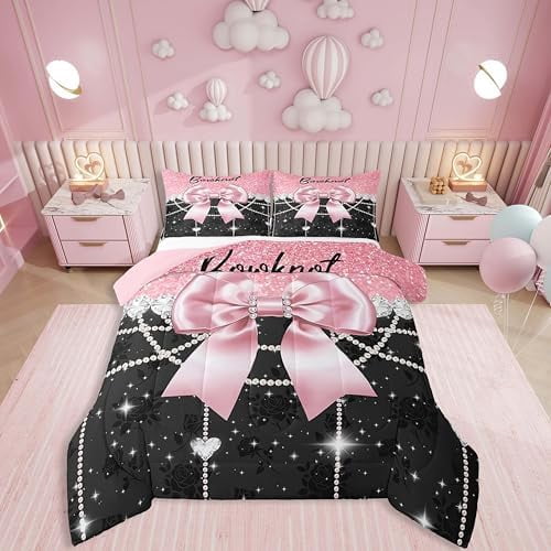 Pink Bowknot Girls Comforter Set Queen,Glitter Sequins Diamond Pearl ...