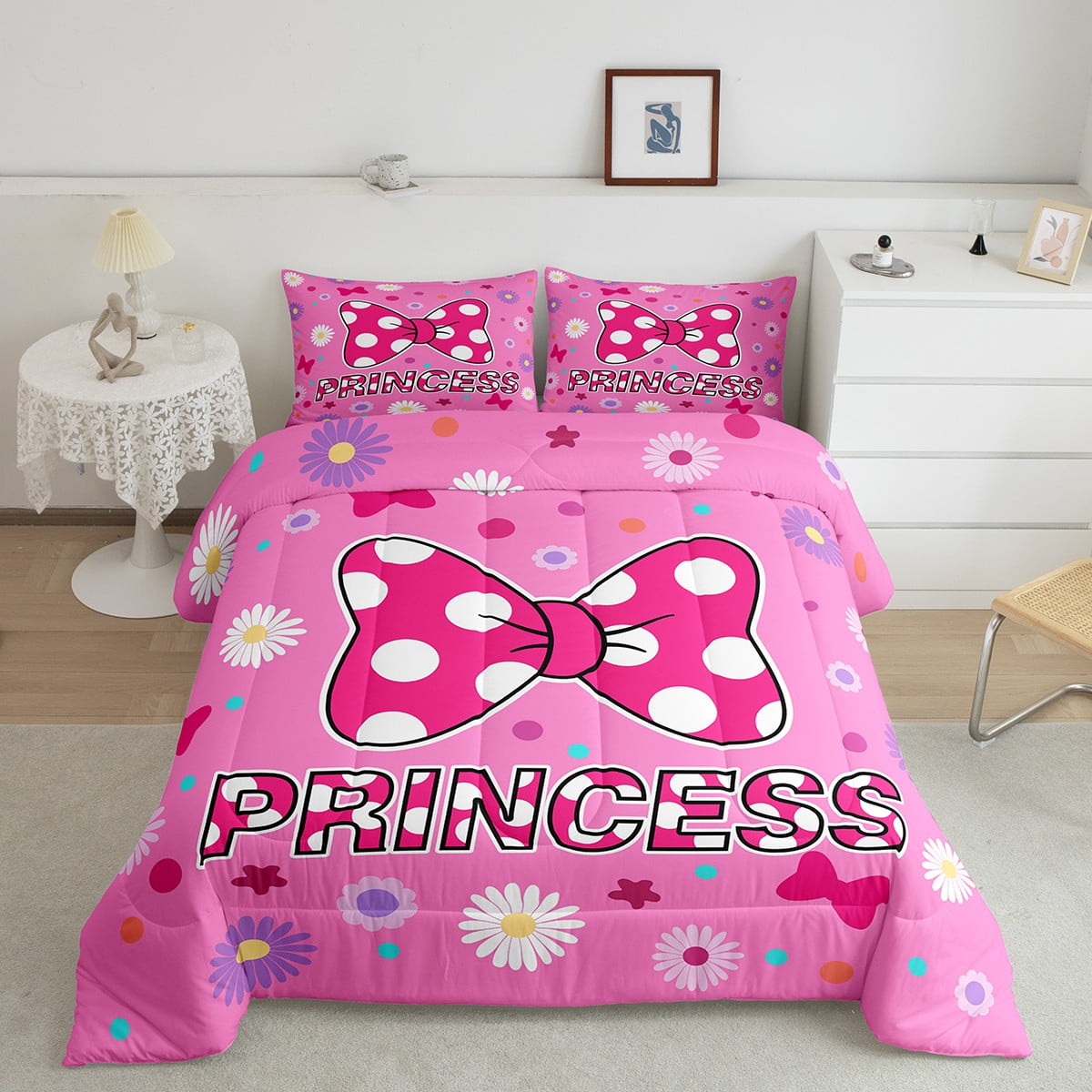 Pink Bowknot Comforter Set,Daisy Flowers Bow Tie Princess Cute Bedding ...