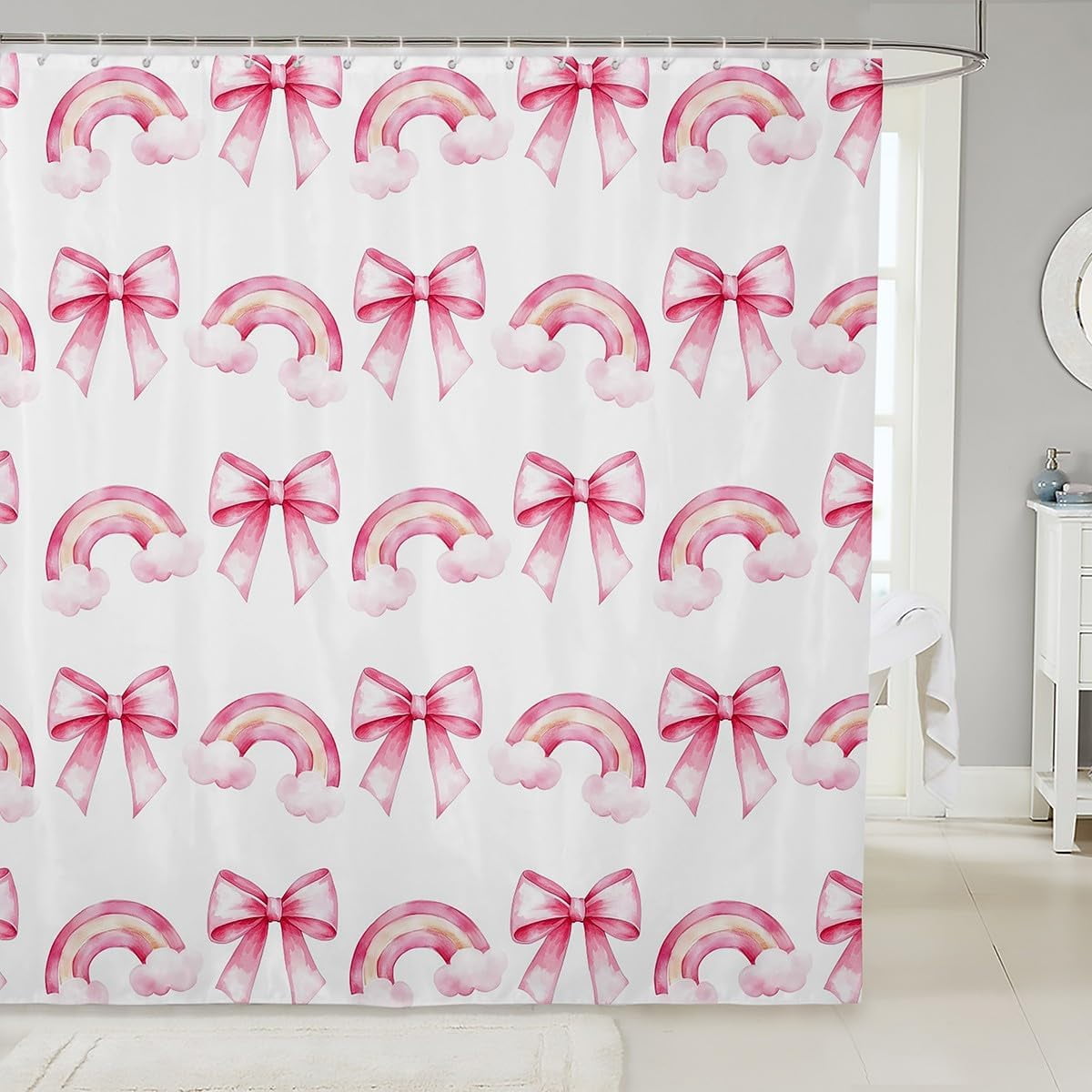 Pink Bowknot Princess Shower Curtains,Rainbow Cloud Bow Tie Toddler ...