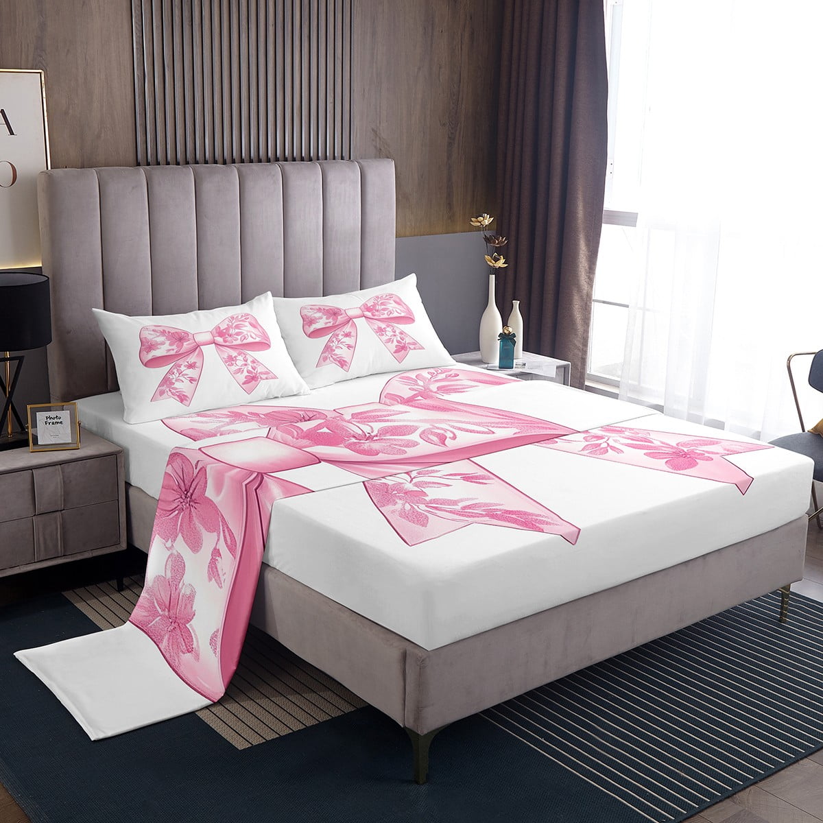 Pink Bowknot Sheet Twin Size,Flowers Bow Tie Butterfly Knot Girly ...