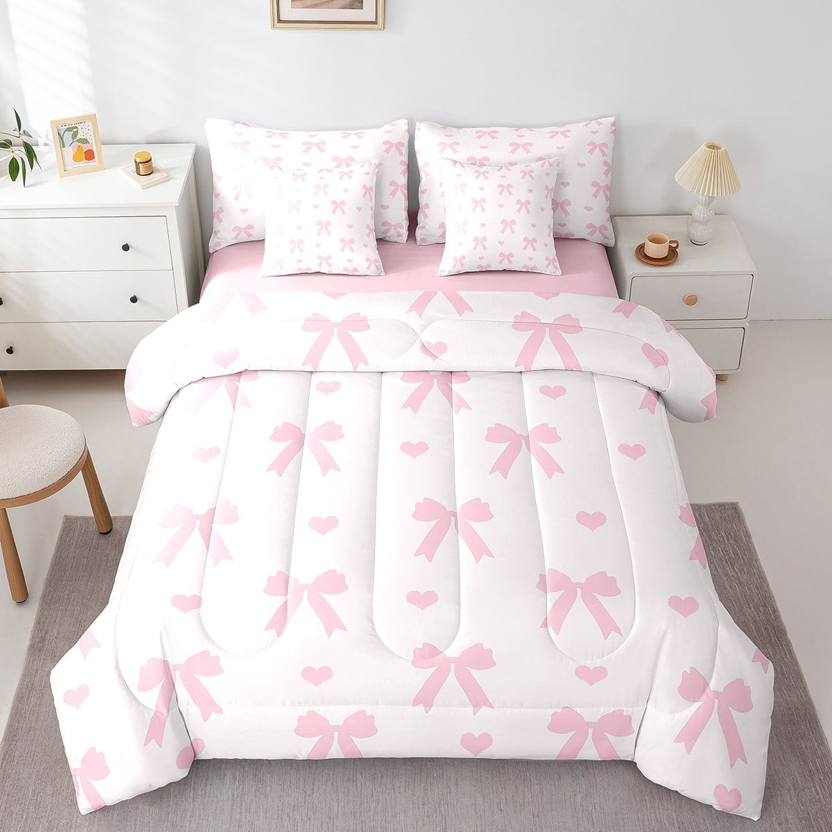 Pink Bowknot Twin Bedding Set 7 Pieces,Princess Style Bow Dreamy Bow ...