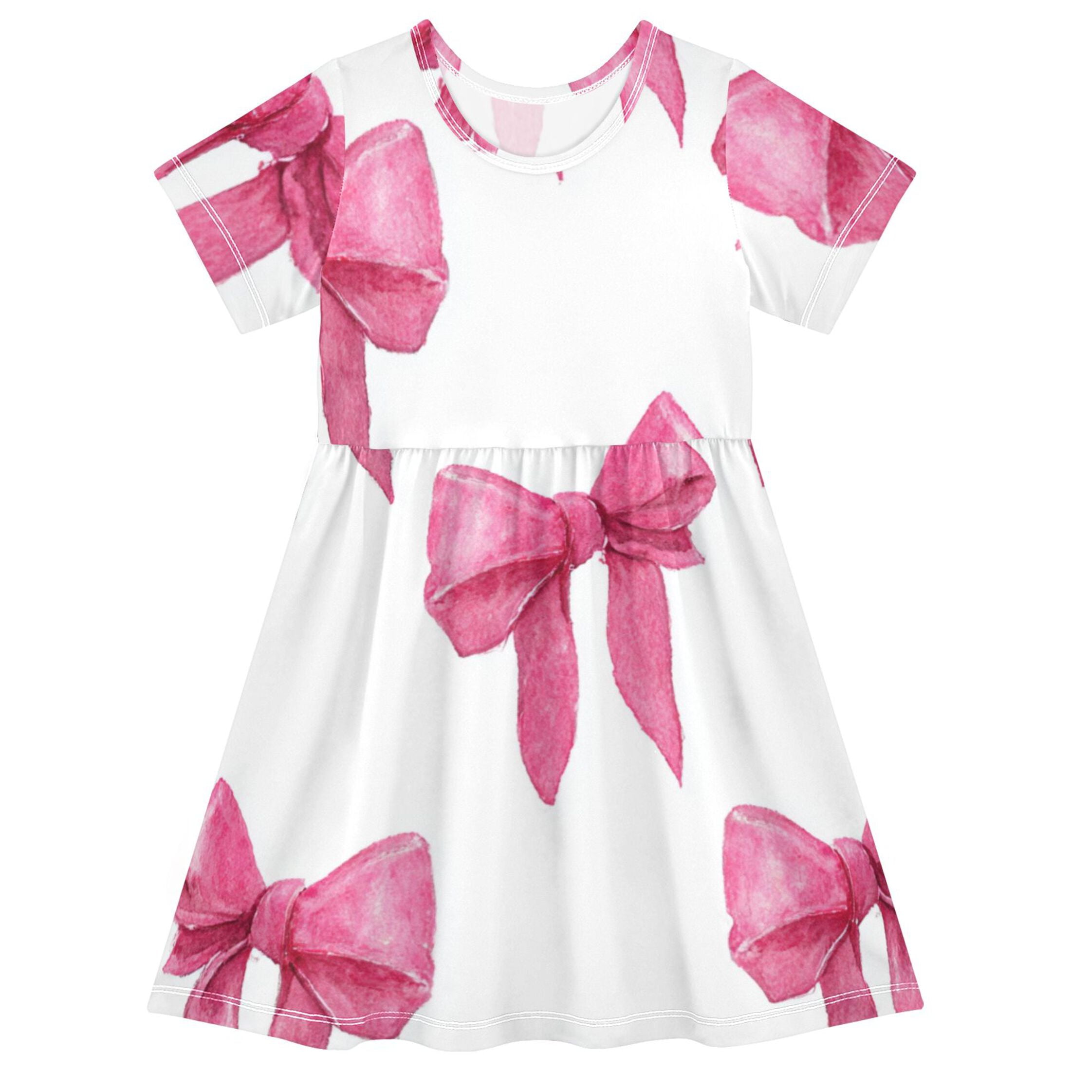 Pink Bowknots Watercolor Girls' Short Sleeve Dress A-Line One-Piece ...