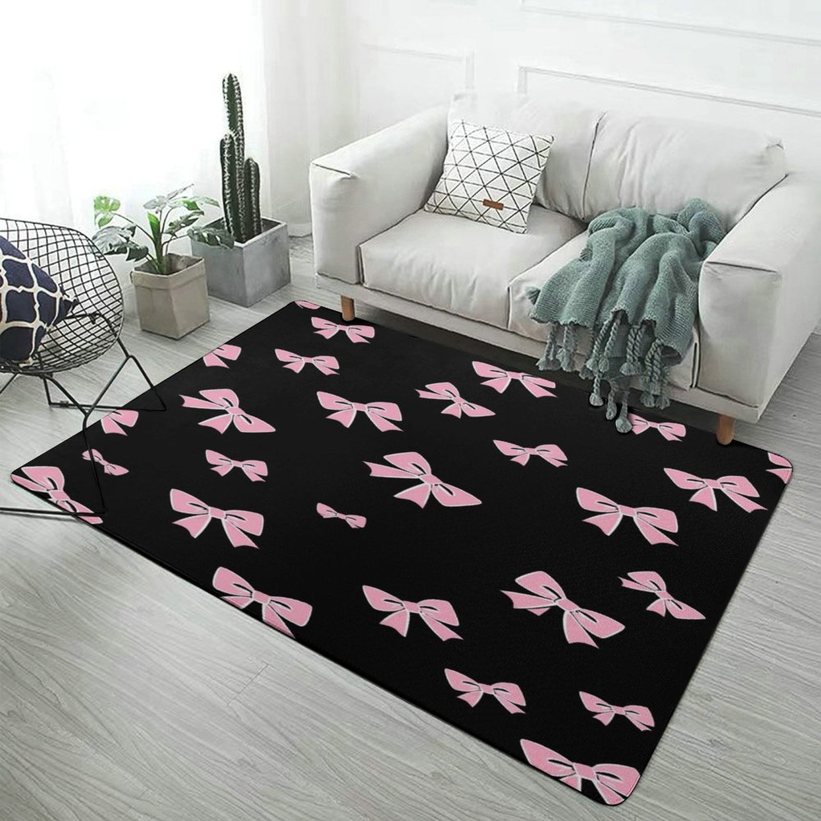 Pink Bows Black Background Carpet Large Size Living Room American Style ...