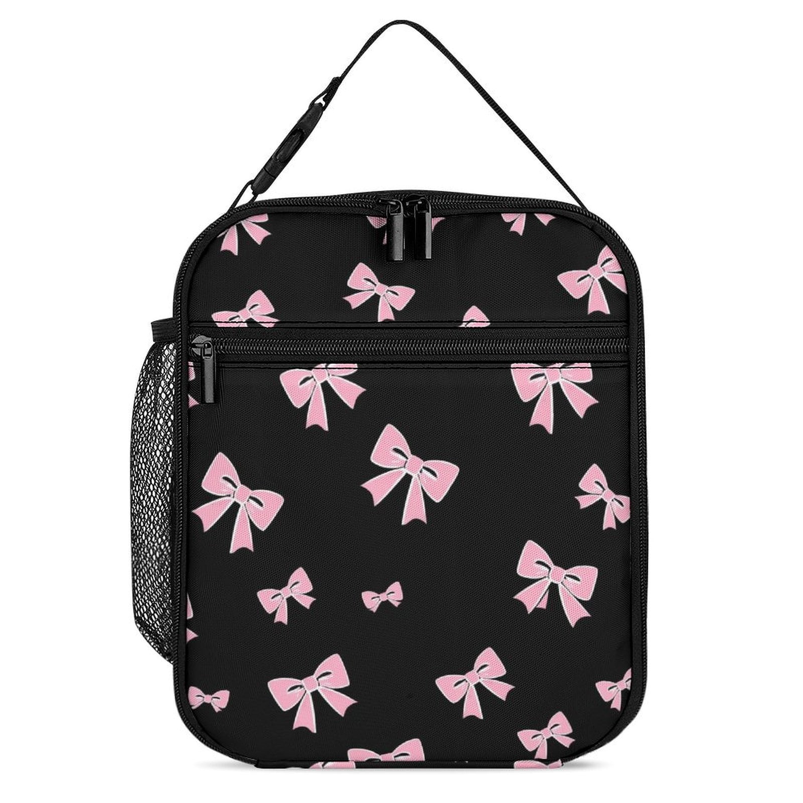 Pink Bows Black Background Lunch Bag Warm Insulated Lunch Box School ...