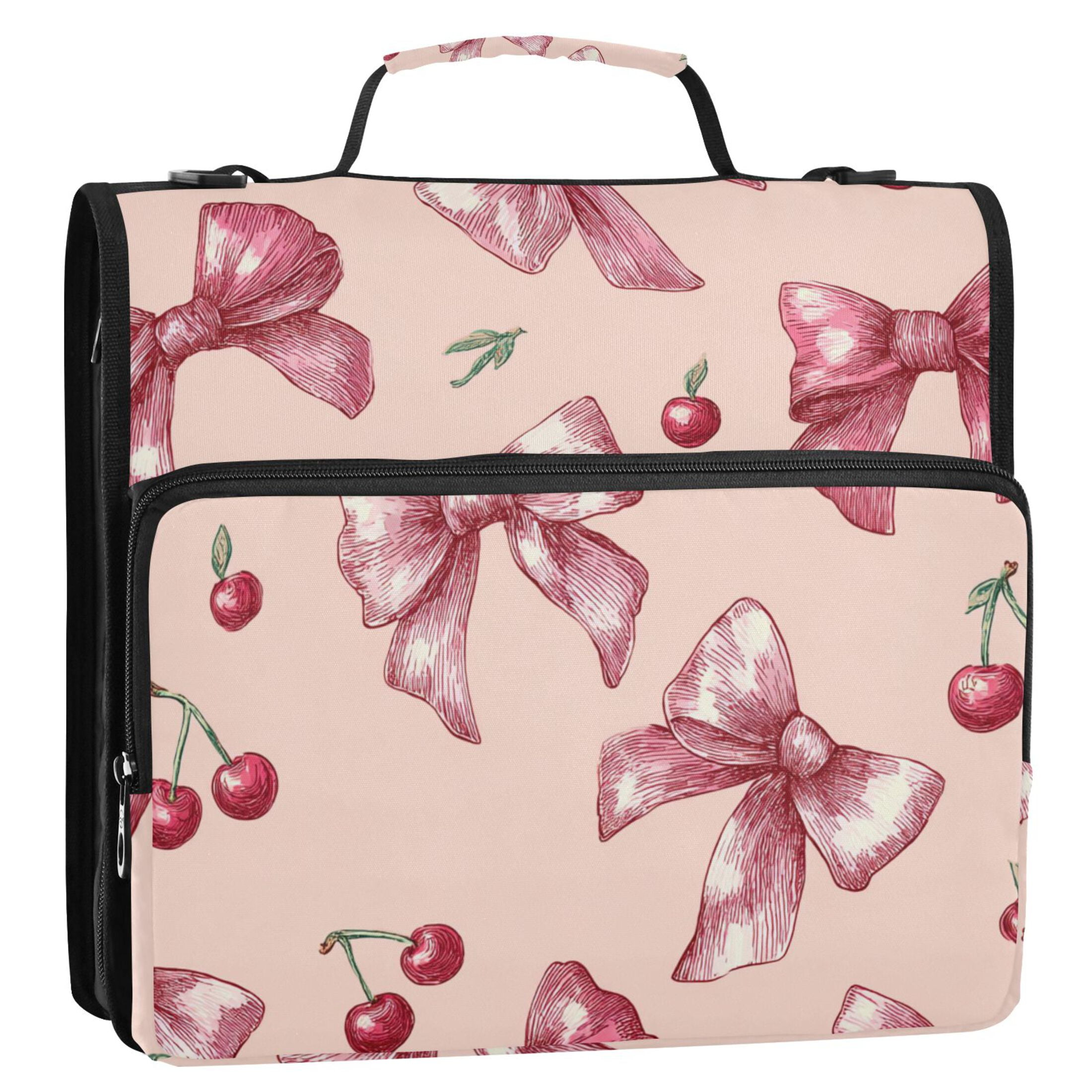 Pink Bows Cherries Hand Drawn Binder Bag with Shoulder Strap 3 Ring ...