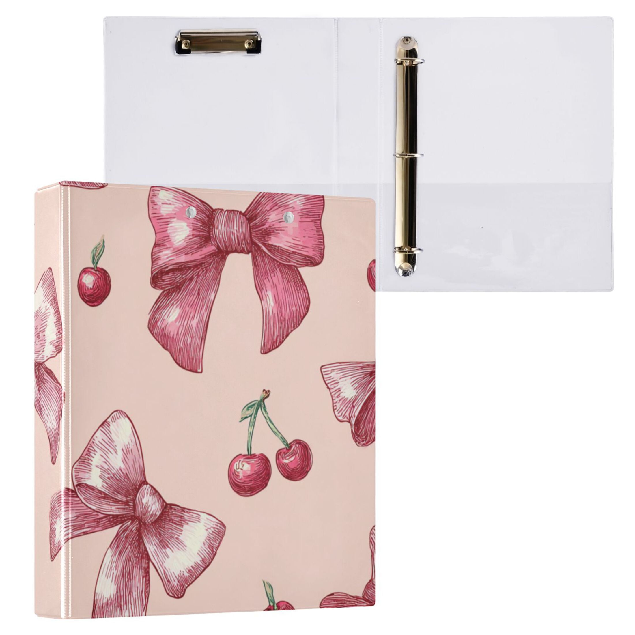 Pink Bows Cherries Hand Drawn Round Ring Binder 3 Rings 1.5" Capacity ...