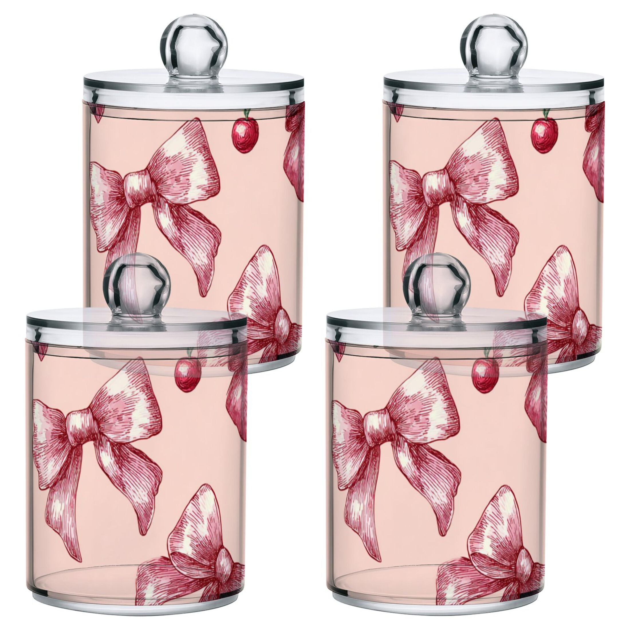 Pink Bows Cherries Hand Drawn Translucent Plastic Cans Storage ...