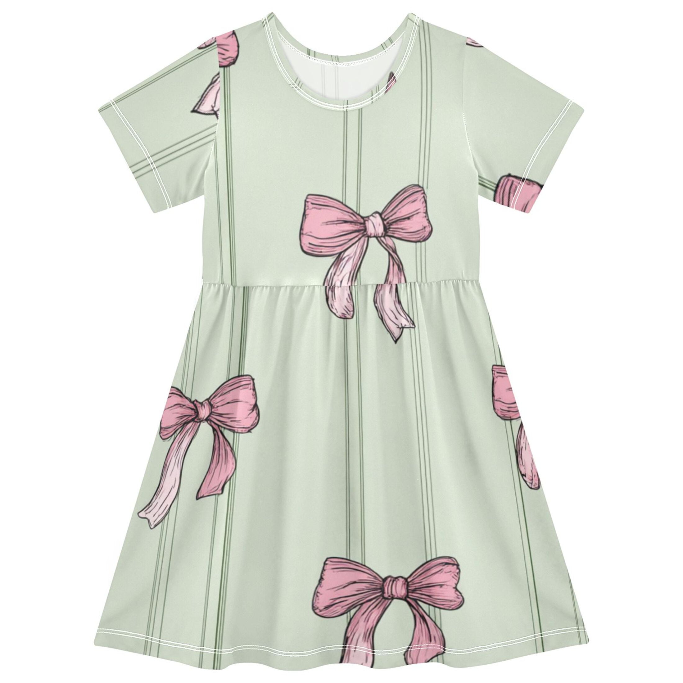 Pink Bows Green Stripes Girls' Short Sleeve Dress A-Line One-Piece Dress UPF 50+ Quick Dry 7-8T ...