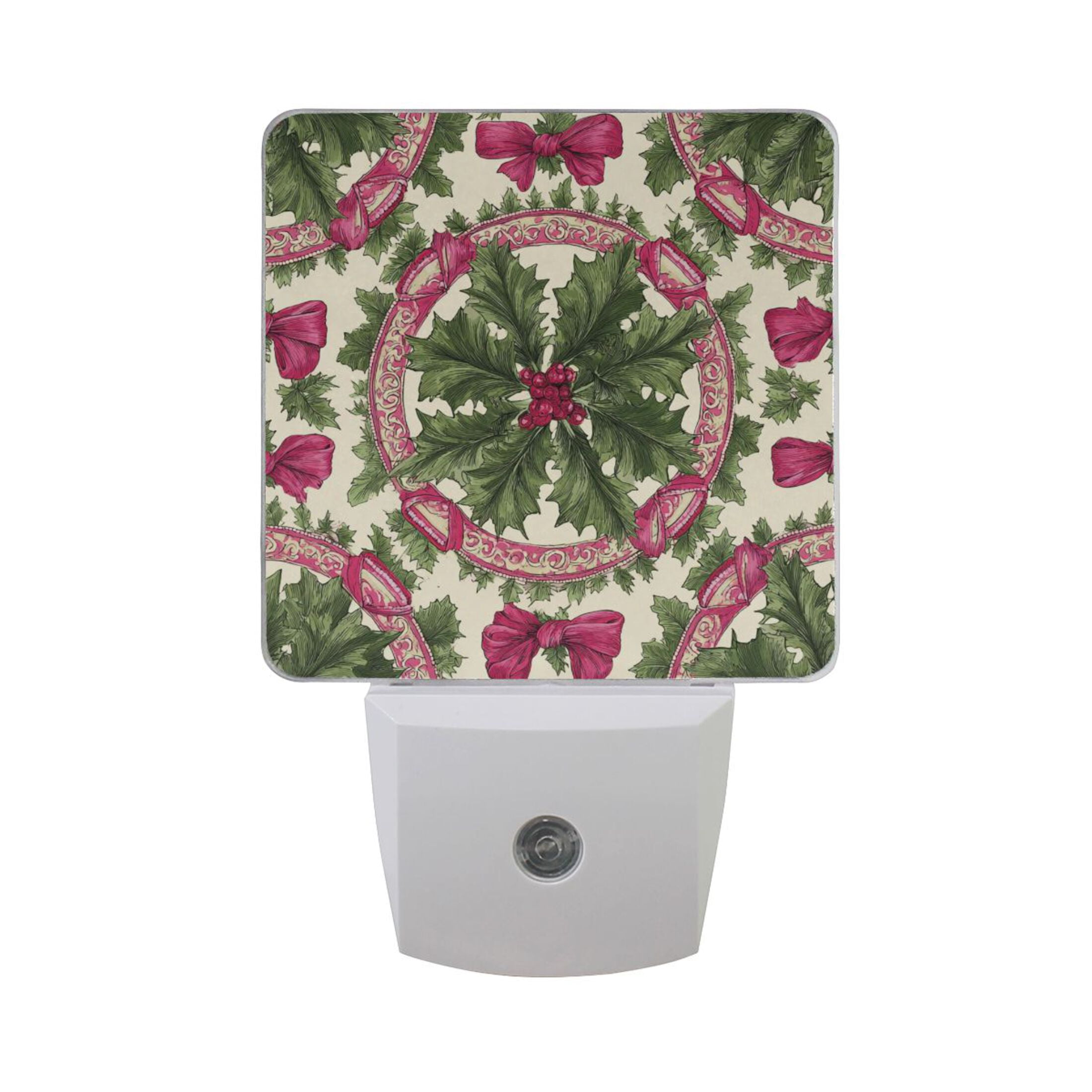 Pink Bows Holly Leaves Circle Christmas LED Night Light Sensor Lamp ...