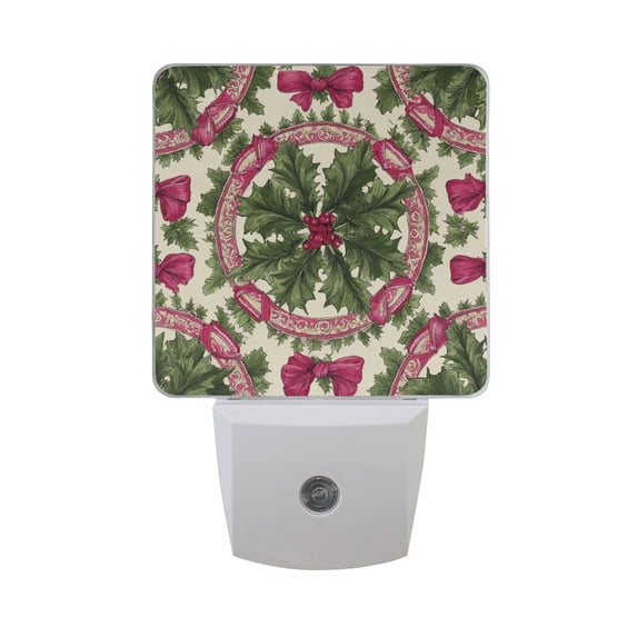Pink Bows Holly Leaves Circle Christmas LED Night Light Sensor Lamp ...