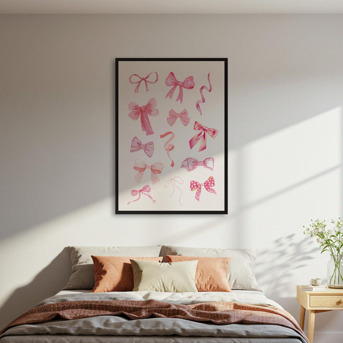 Pink Bows Poster Print, Scattered Watercolor Ribbon Wall Art, Coquette ...