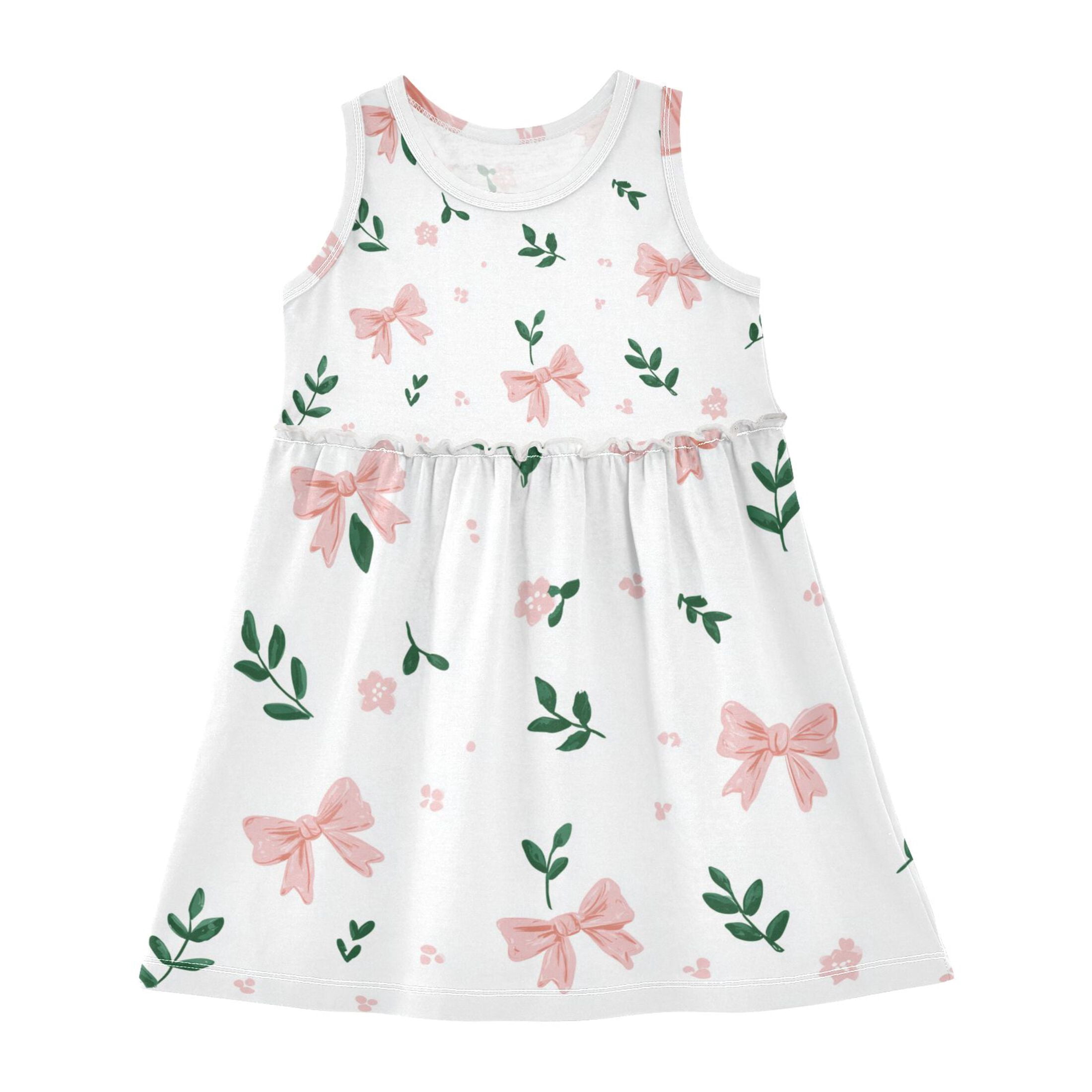 Pink Bows Small Flowers Green Leaves Sleeveless Dress A-Line One-Piece ...