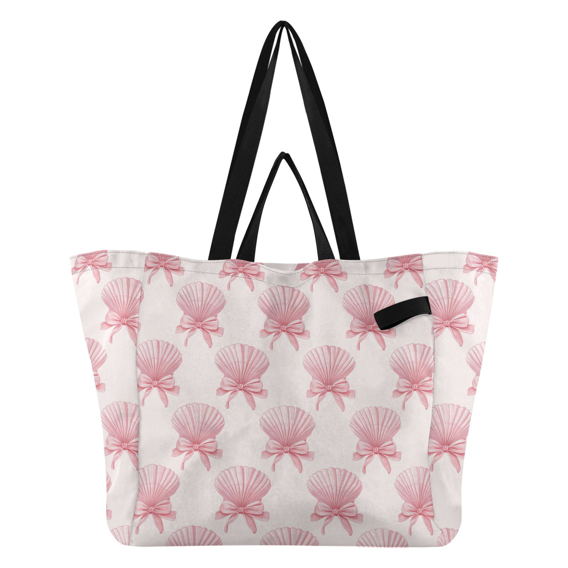 Pink Bows Tie on Shells Foldable Canvas Tote Bags Reusable Grocery Bags ...
