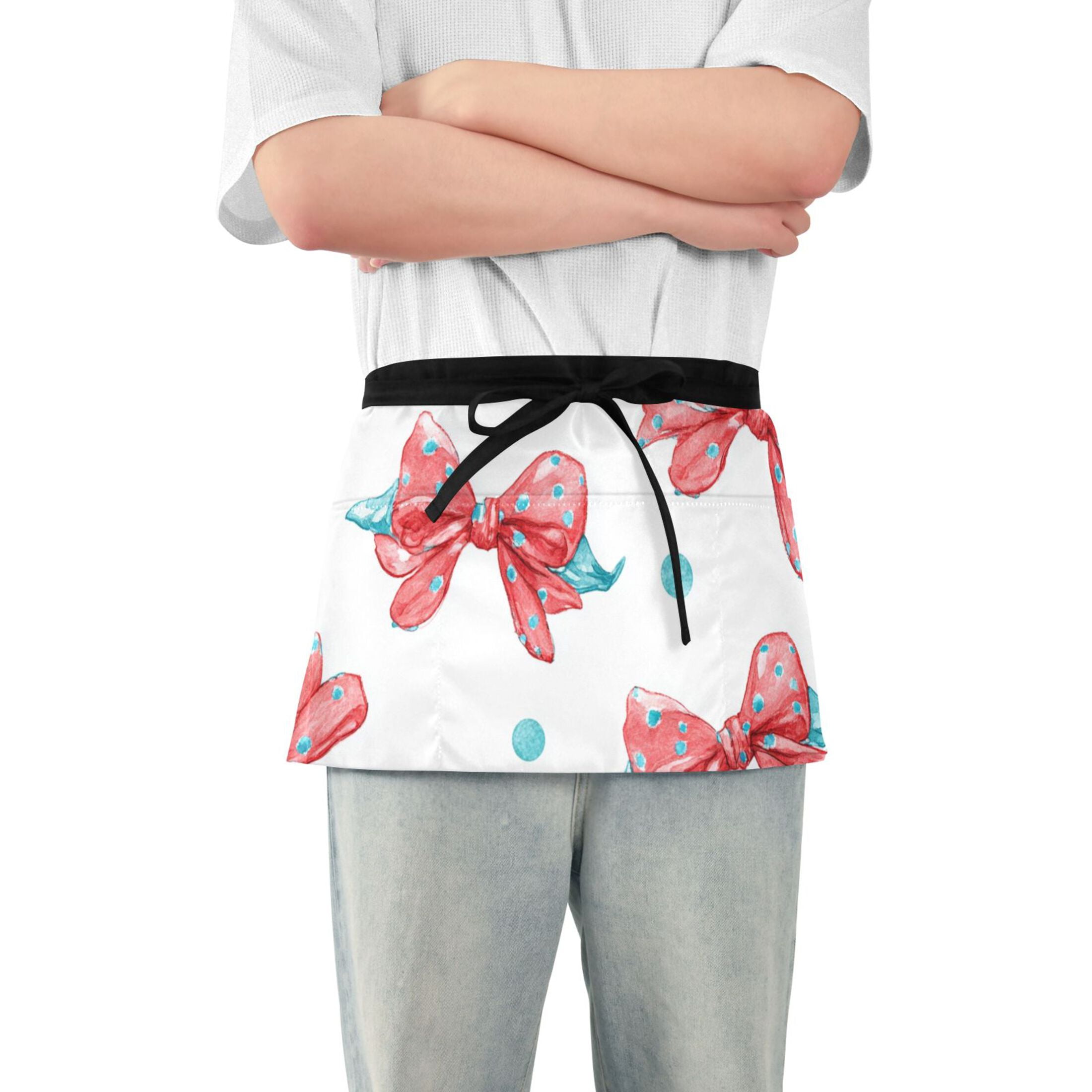 Pink Bows with Blue Dots Cute Short Server Apron with 3 Pockets for ...