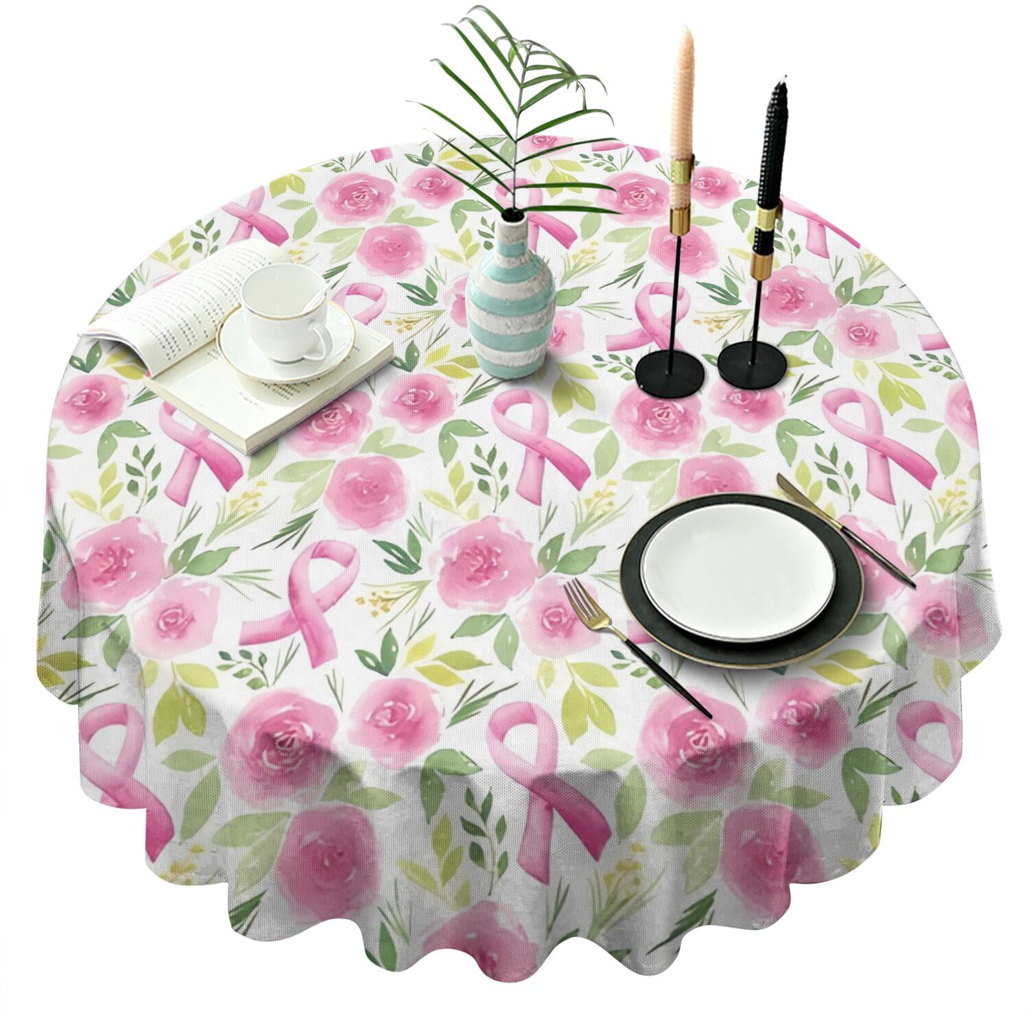 Pink Breast Cancer and Pioneer Flower Round Tablecloth 60"x60",Wrinkle ...