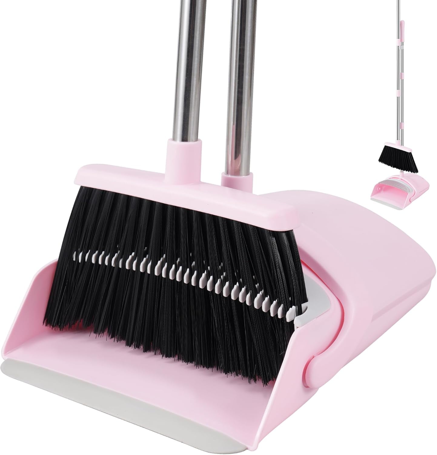Pink Broom and Dustpan Set, 52” Long Adjustable Handle Broom with Dustpan Combo Set with Dust ...