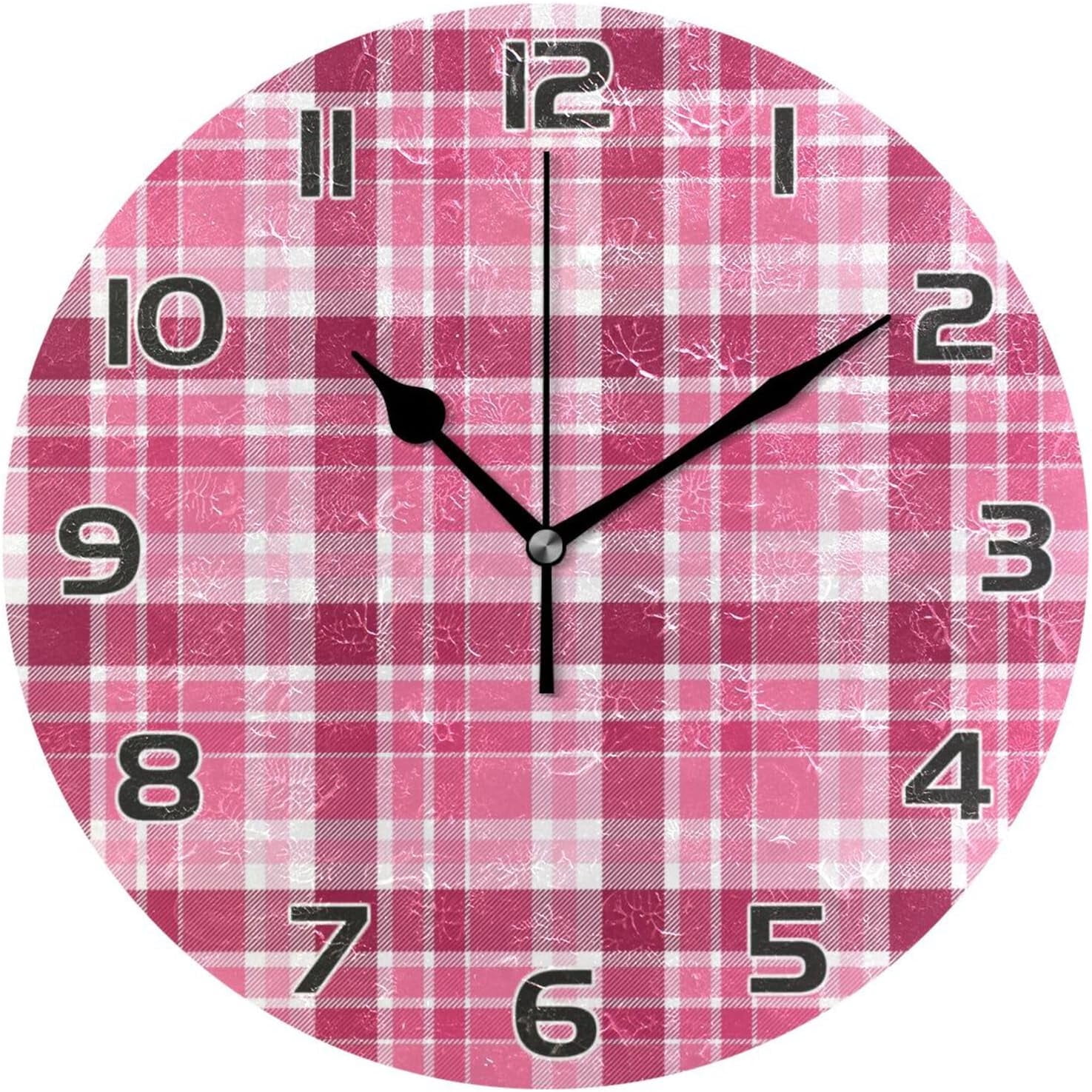 Pink Buffalo Plaid Wall Clock Round Vintage Silent Non Ticking Battery ...