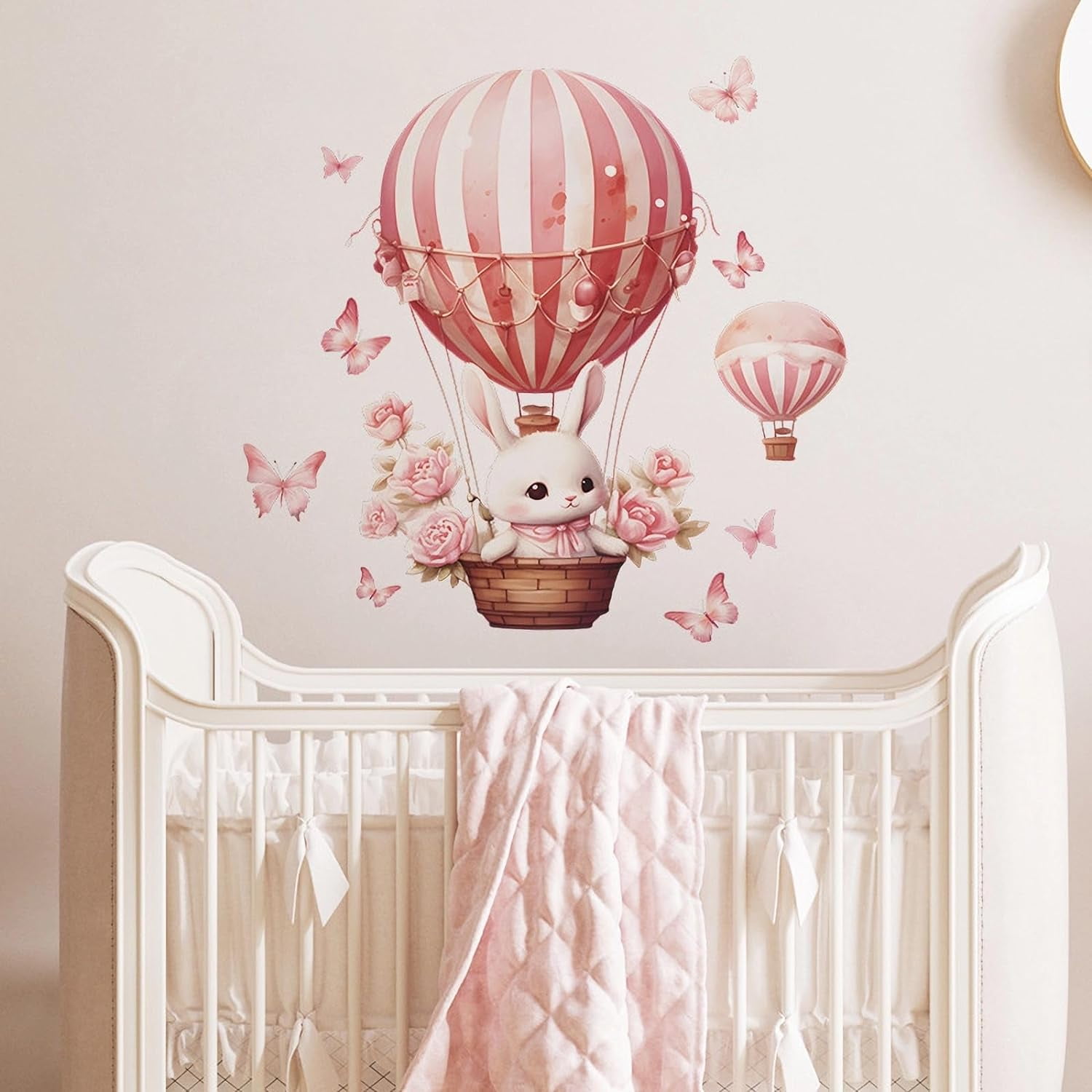 Pink Bunny Butterfly Rose Hot Air Balloon Wall Stickers, Cute Rabbit ...