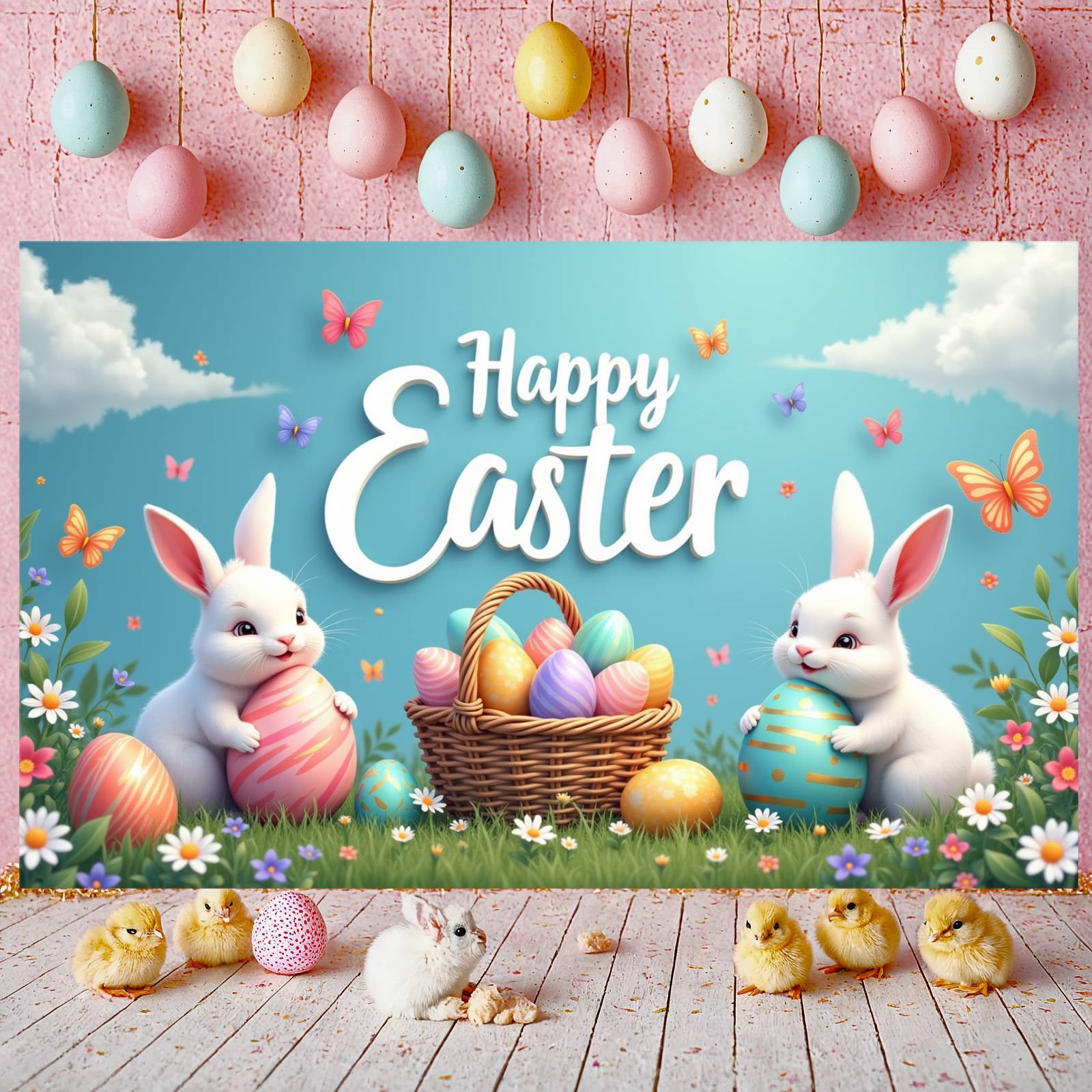 Pink Bunny Easter Banner Colorful Letters Peeps Backdrop Easter Eggs ...