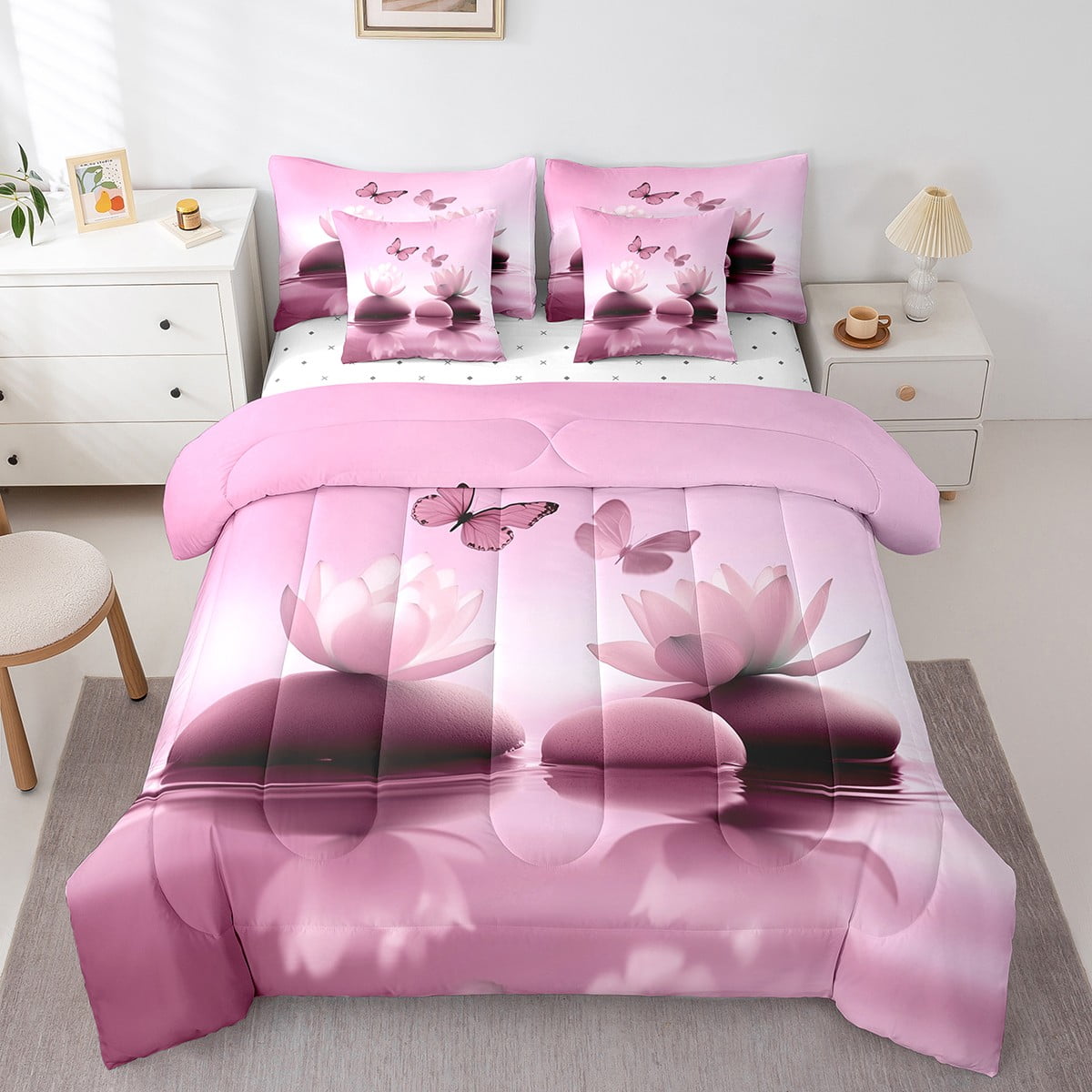 Pink Butterflies 7 Pieces Bed in a Bag Twin,Water Lily Lotus Flower ...