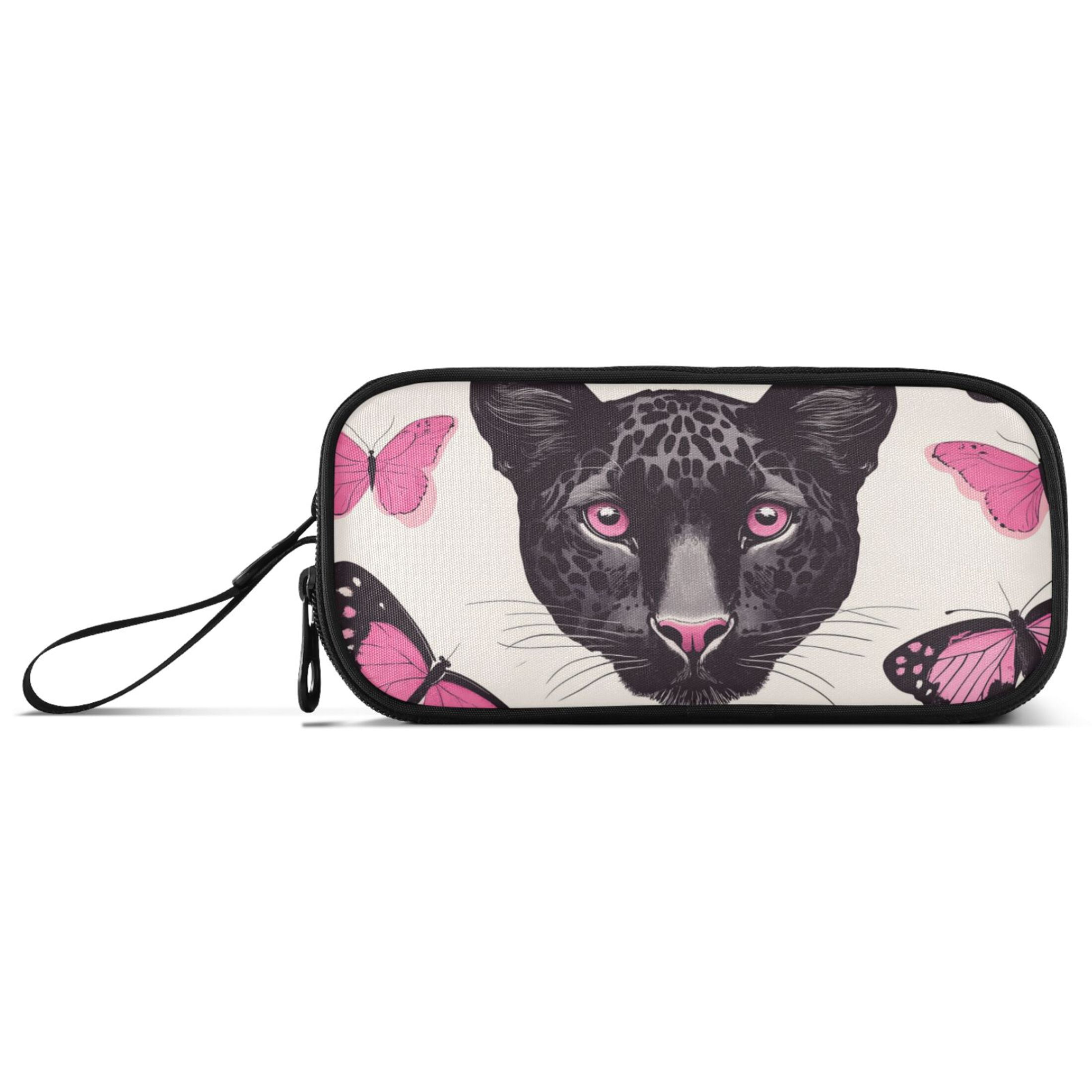 Pink Butterflies Black Leopard Pencil Case Stationary Holder Pen Bag ...