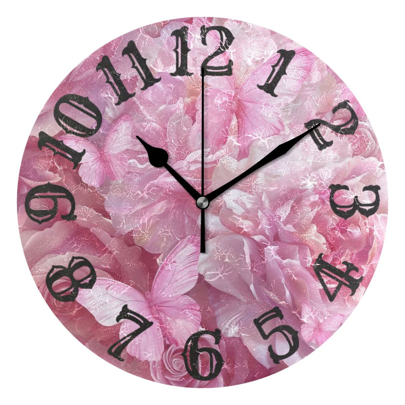 Pink Butterflies Flowers 10 inch Wall Clocks Non Ticking Easy to Read ...