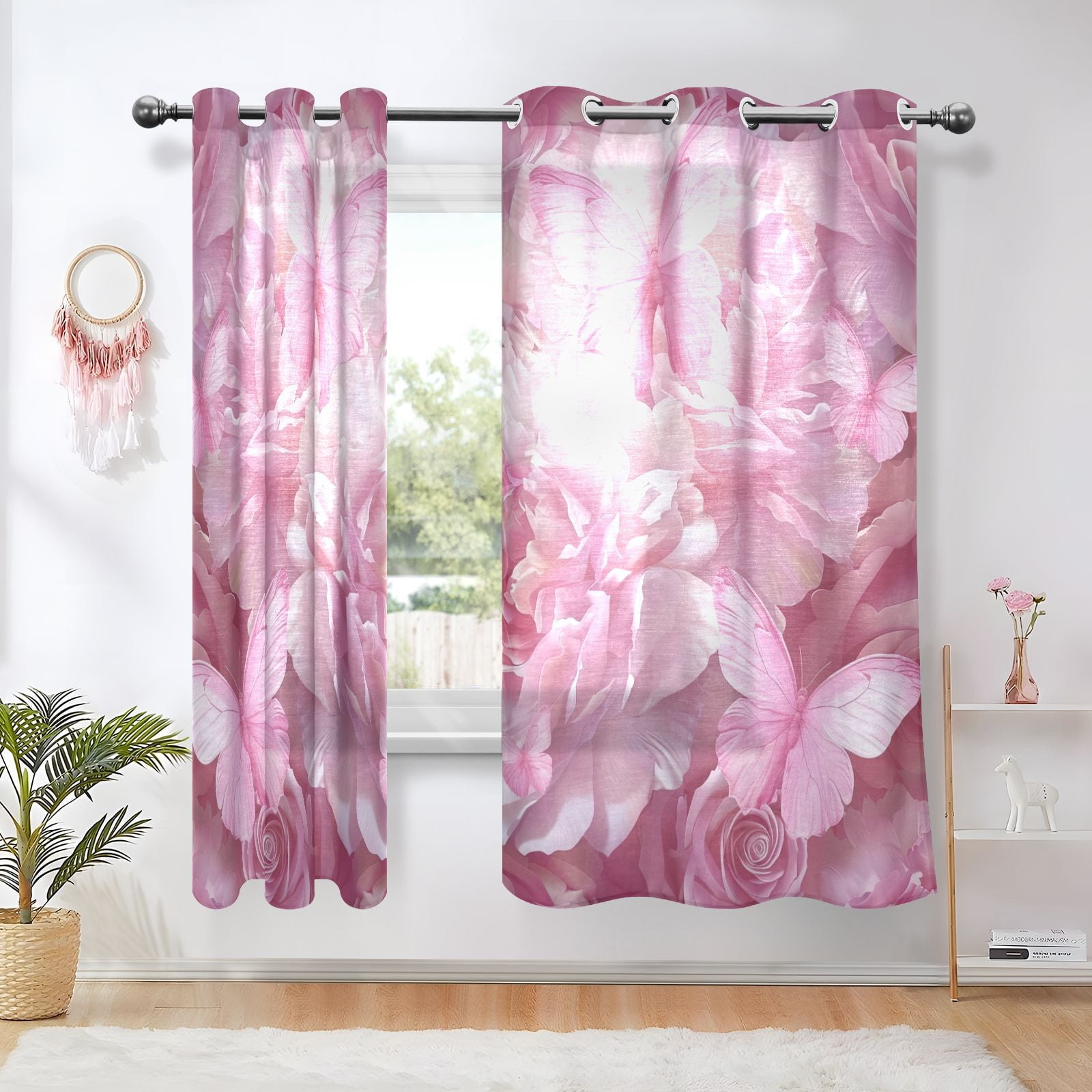 Pink Butterflies Flowers Blackout Curtains Thermal Insulation 63 inch ...