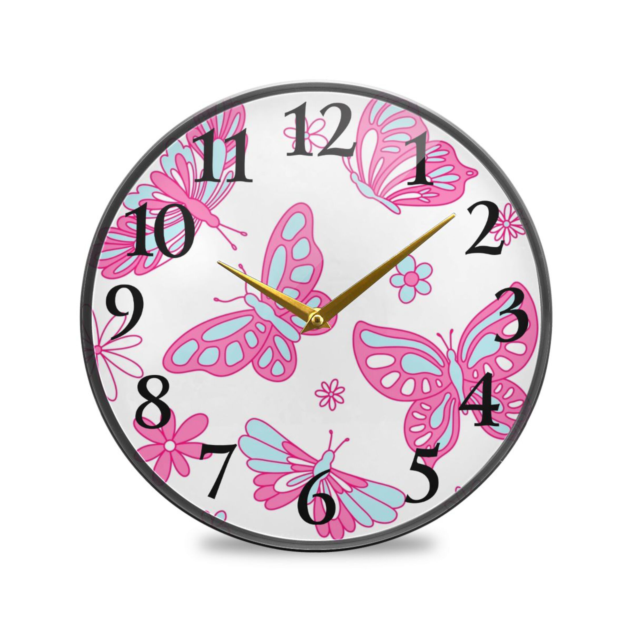 Pink Butterflies Wall Clocks Battery Operated 9.5 Inch Round Clock ...