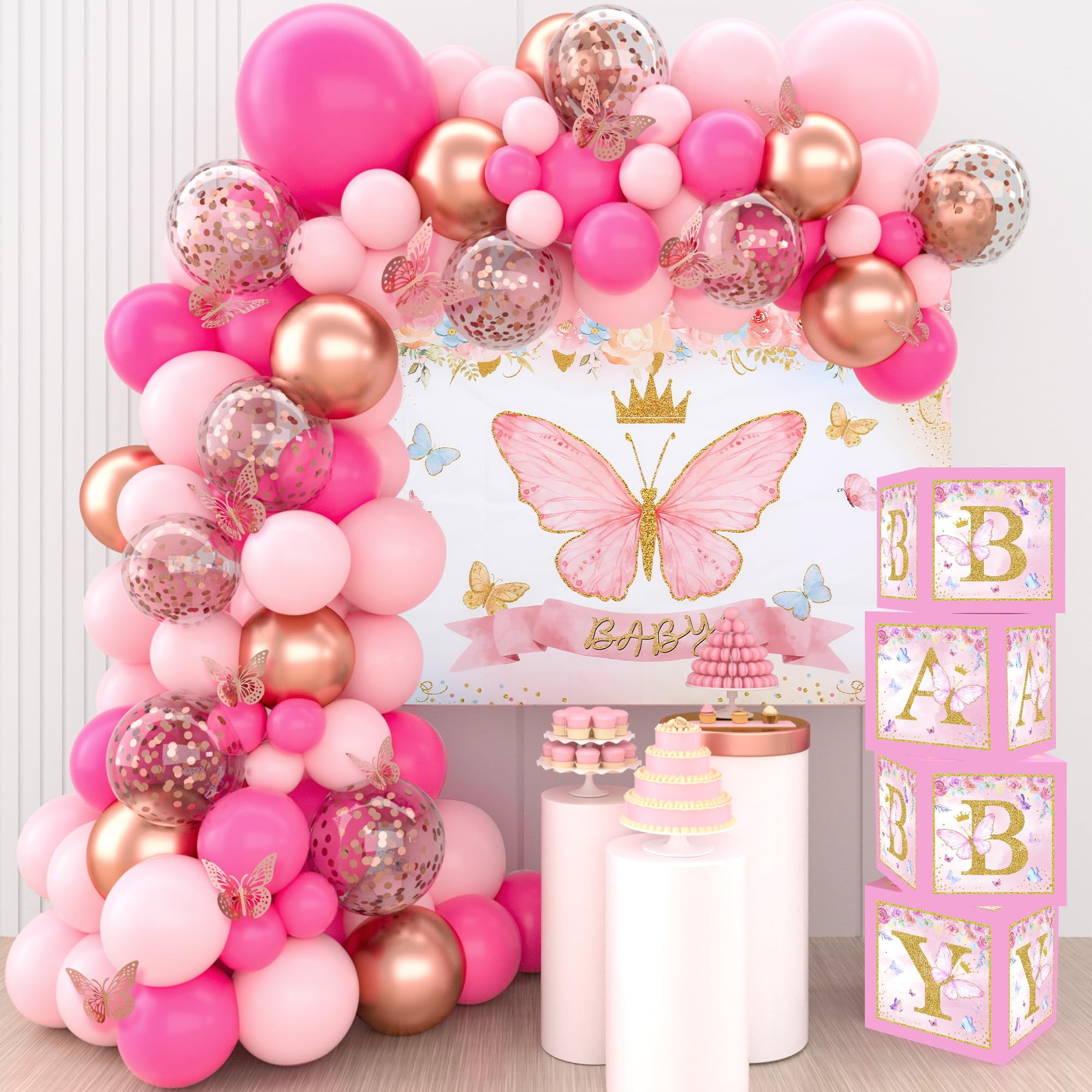 Pink Butterfly Baby Shower Decorations for BSL1 Girl，Pink Balloon ...