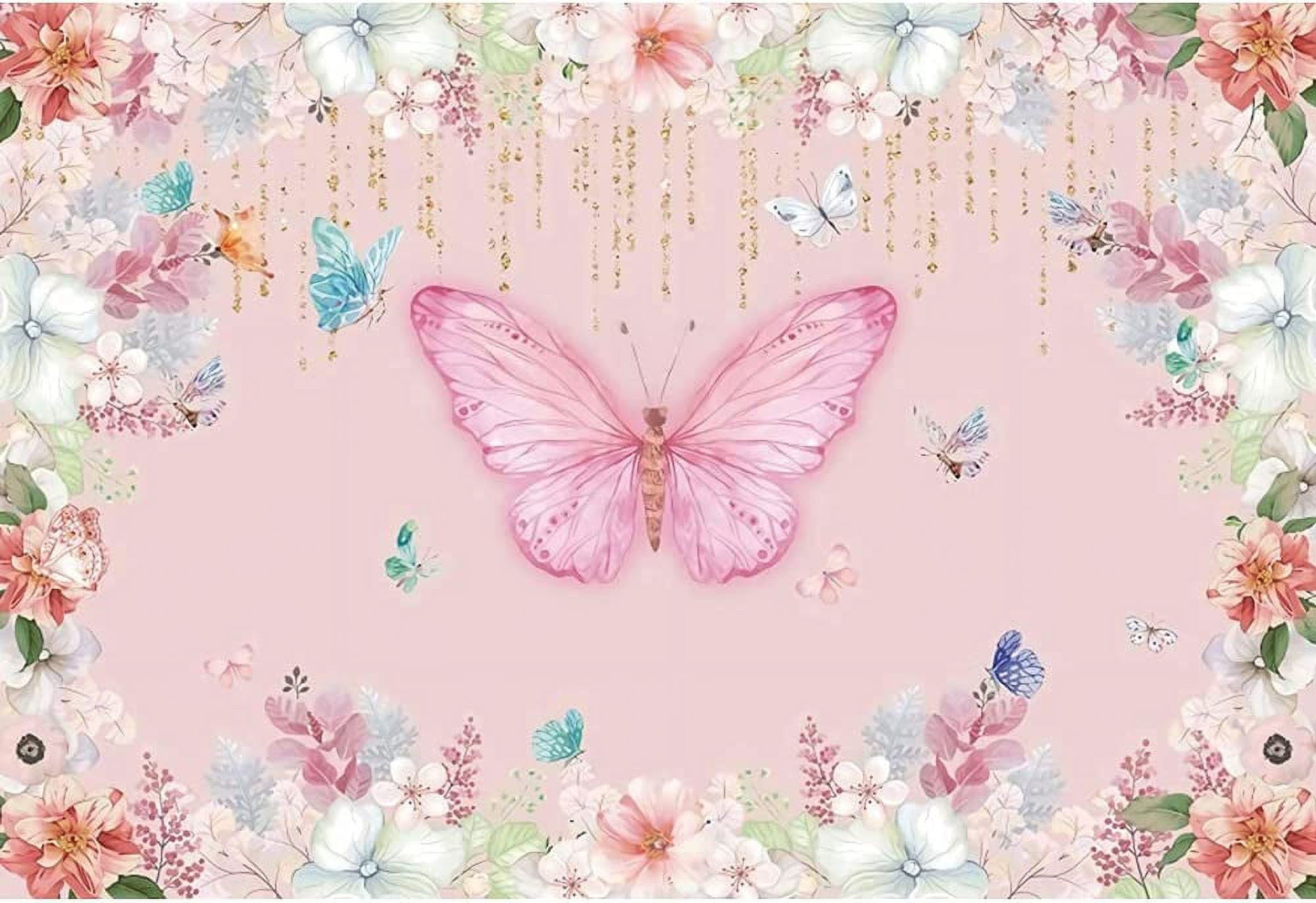 Pink Butterfly Backdrop for Princess, Butterfly Colorful Flowers ...