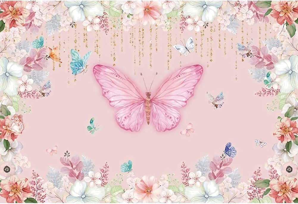 Pink Butterfly Backdrop for Princess, Butterfly Colorful Flowers ...