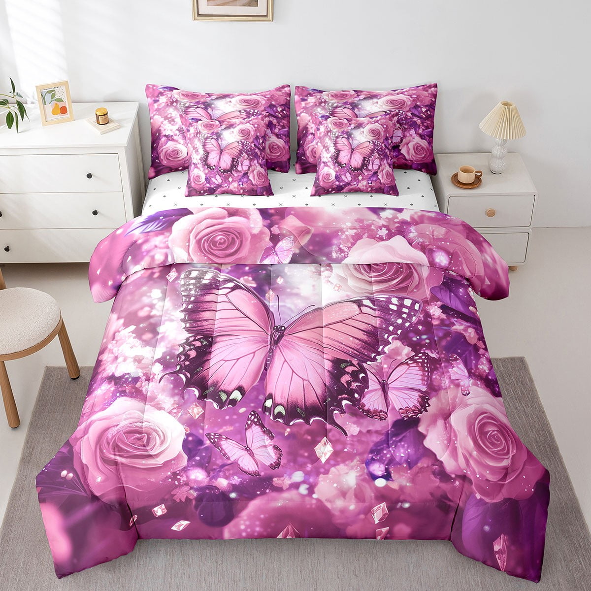Pink Butterfly Bedding Set 7 Pieces,Peach Rose Flower Comforter Set ...