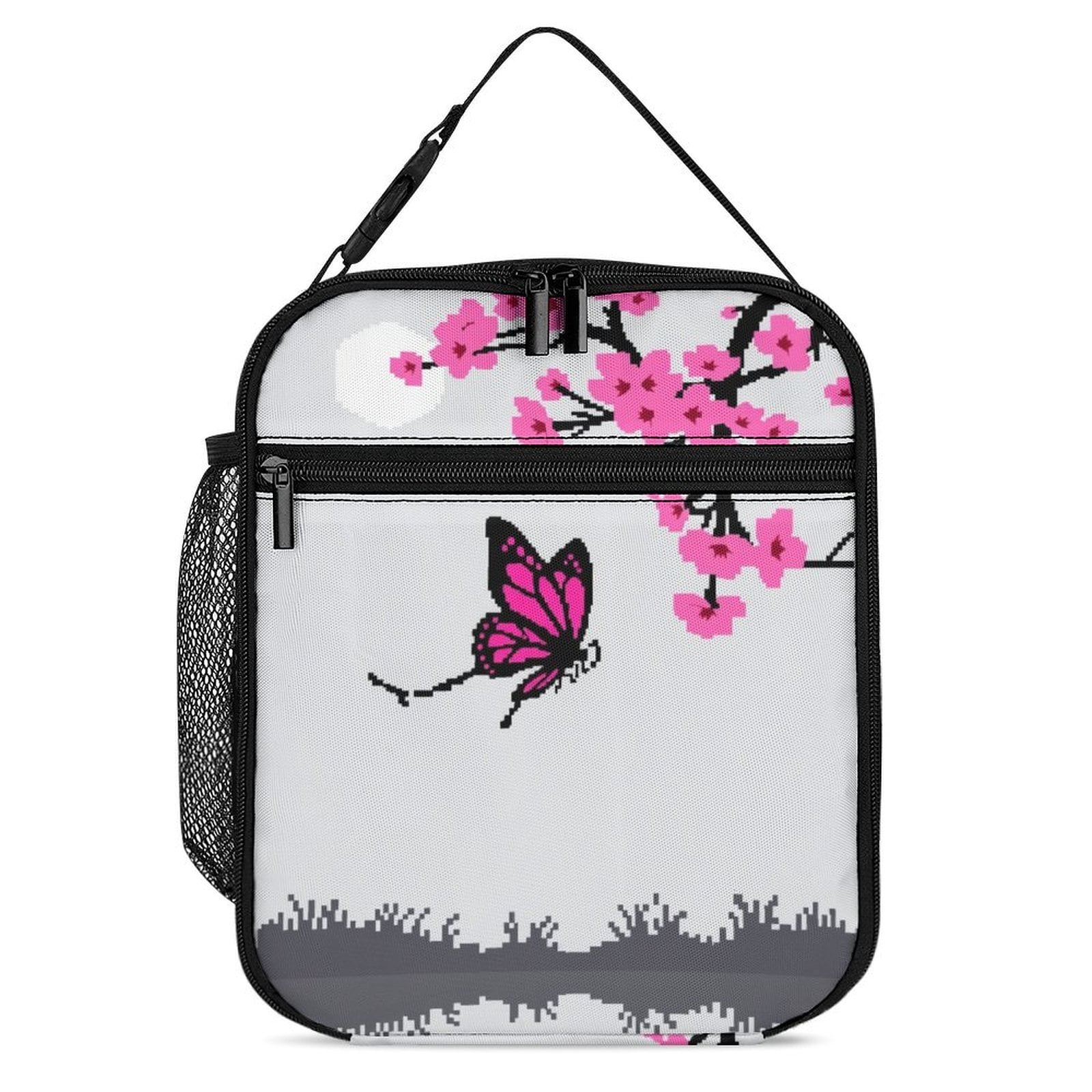 Pink Butterfly Blossoms Pond Lunch Bag Warm Insulated Lunch Box School ...