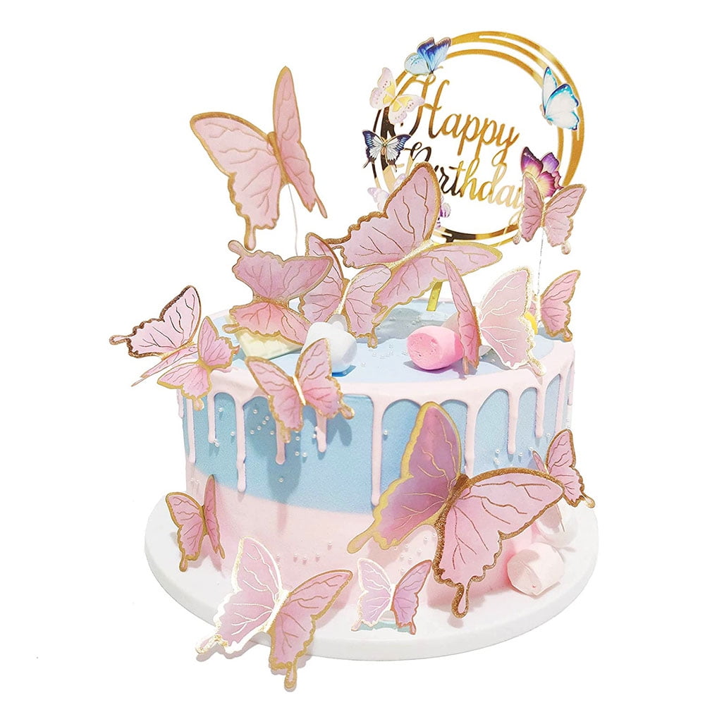 Pink Butterfly Cake Toppers, 16pcs Butterfly Cupcake Toppers Happy ...