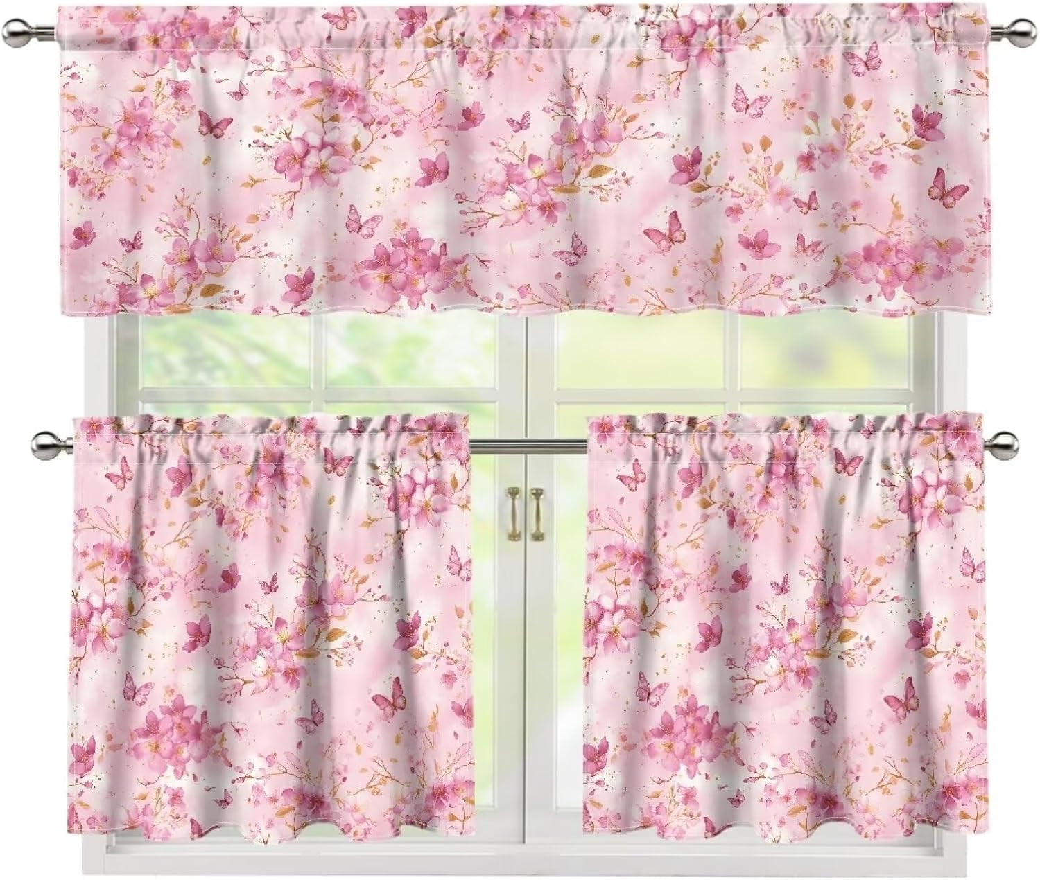 Pink Butterfly Cherry Blossom Kitchen Curtain Valance and Tiers Set ...
