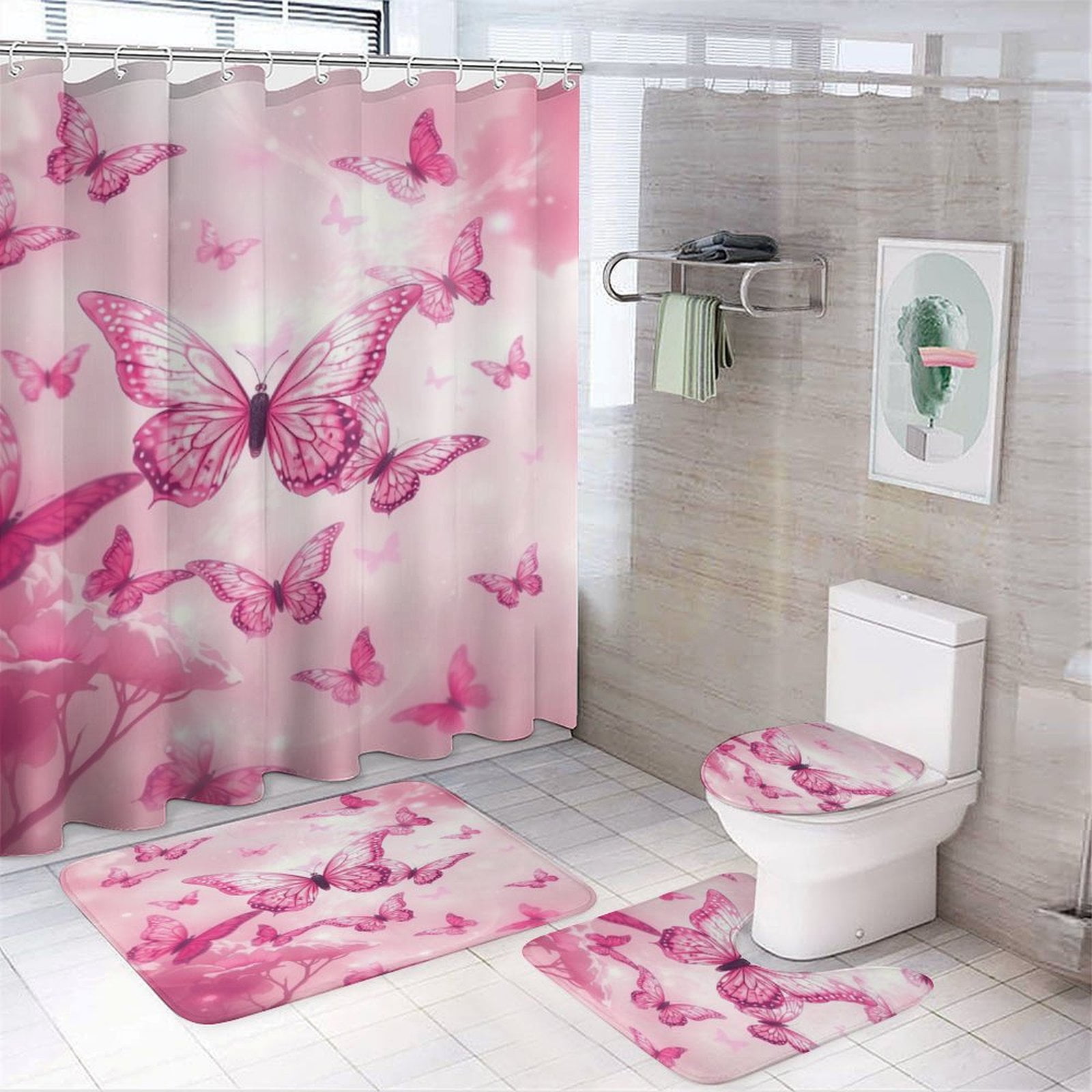 Pink Butterfly Dreamland Shower Curtain Modern Bath Decor Set Toilet ...