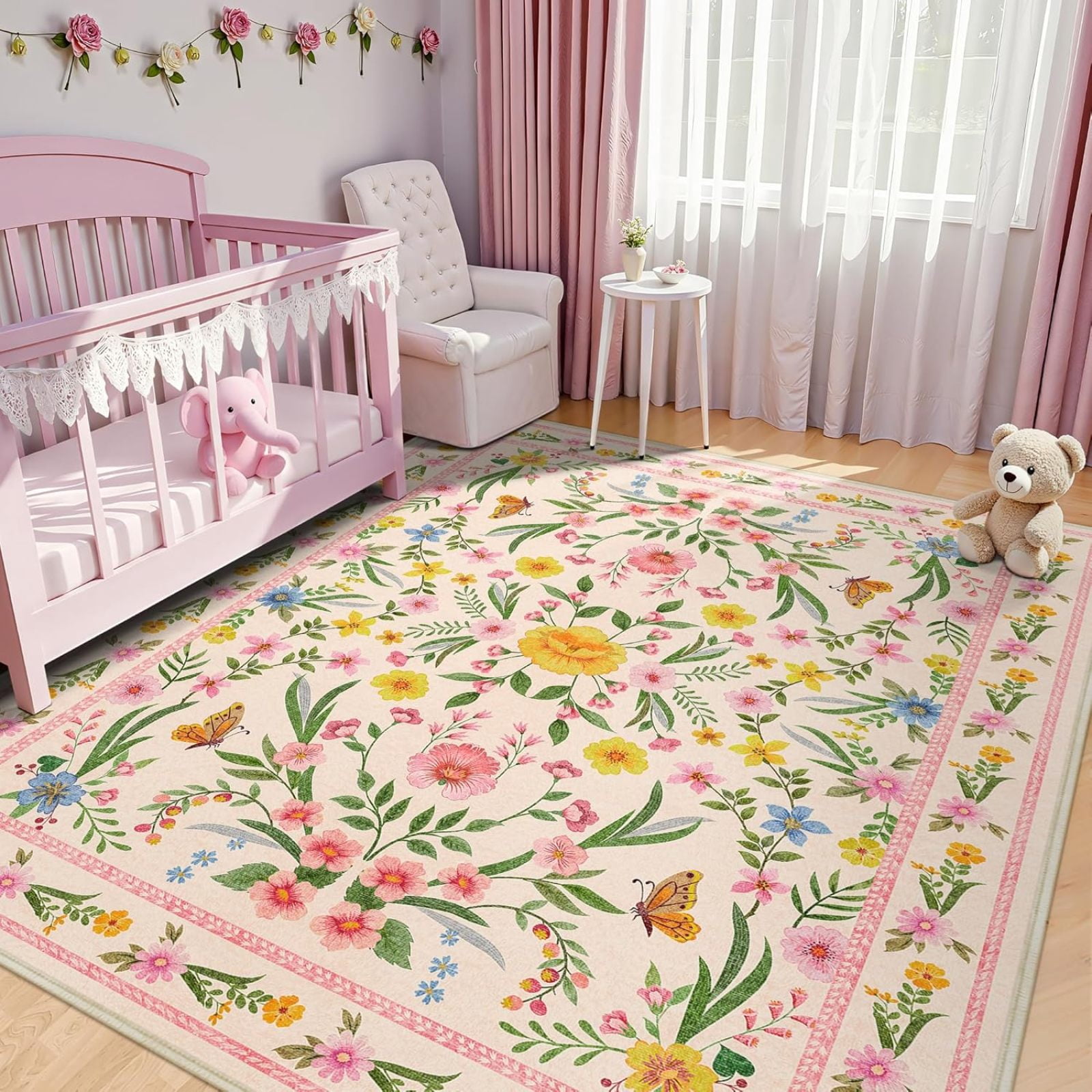 Pink Butterfly Floral Area Rug,Washable Girls Nursery Rug For Bedroom ...