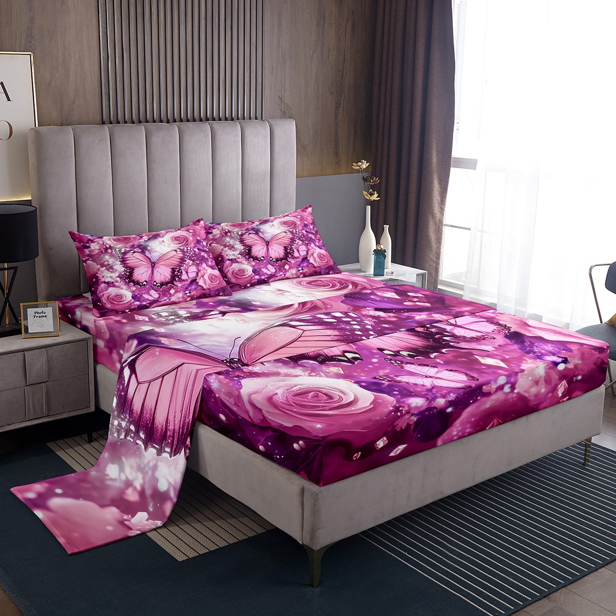 Pink Butterfly Sheets,Peach Rose Flower Twin Bed Sheets Set Botanical ...