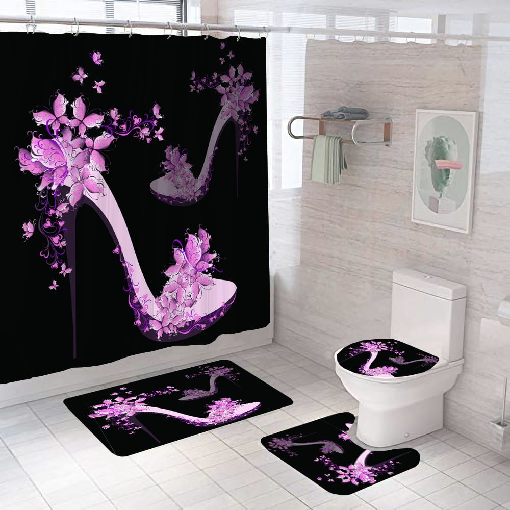 Pink Butterfly High Heels Shower Curtain Set Waterproof Bath Curtain ...