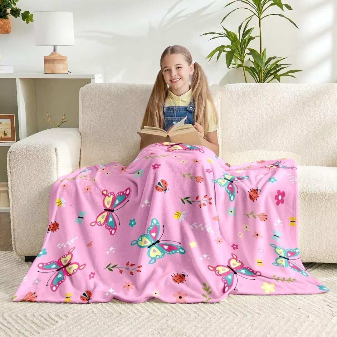 Pink Butterfly Kids Throw Blanket for Girls Teens Soft Fuzzy Flannel ...