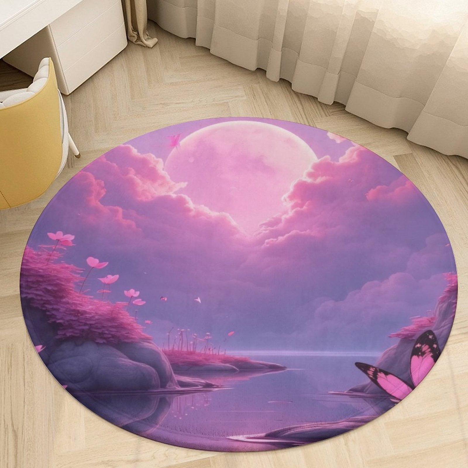 Pink Butterfly Moonlit Fantasy Round Area Rugs for Bedroom Living Room, 5FT Soft Indoor Circle ...