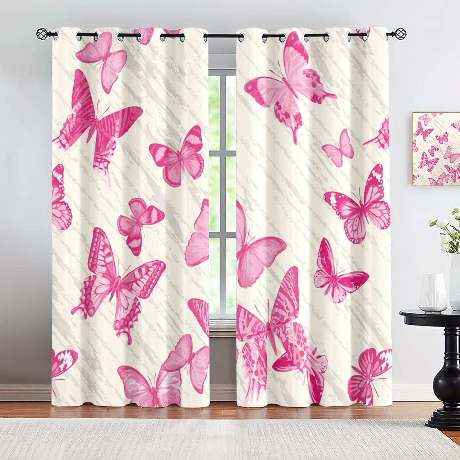 Pink Butterfly Print Curtain, Creative Animal Theme Blackout Window Curtain, 3D Print Thermal ...