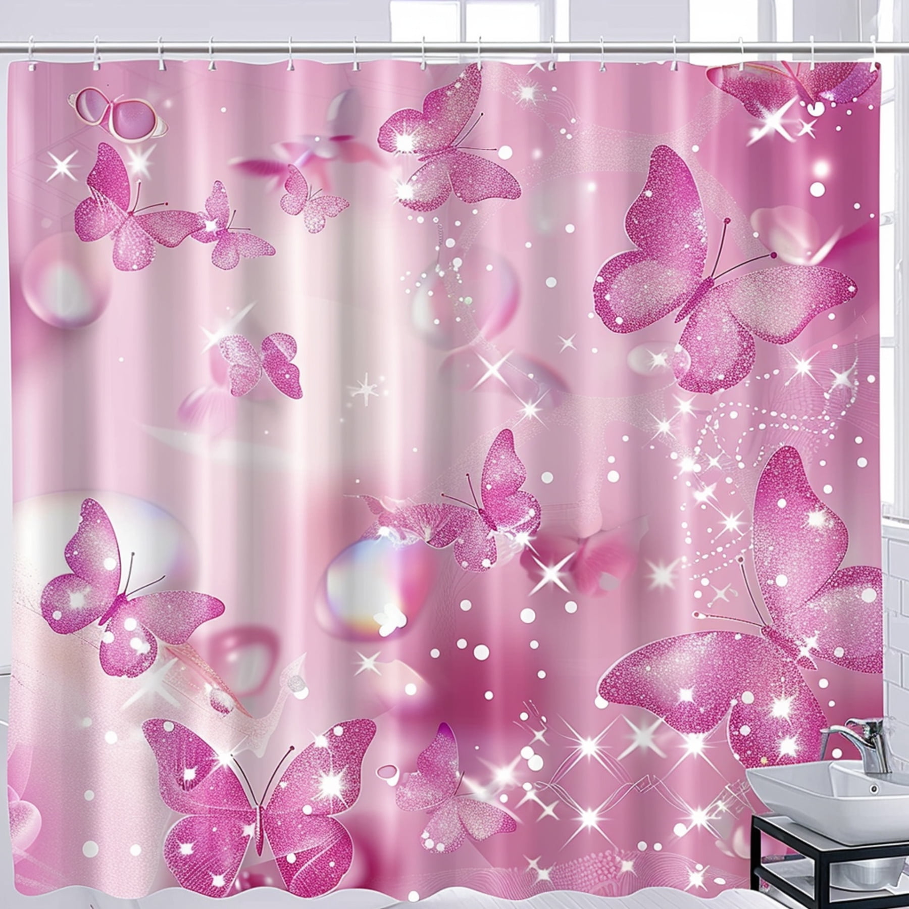 Pink Butterfly Print Shower Curtain with Glitter and Cartoon Style ...