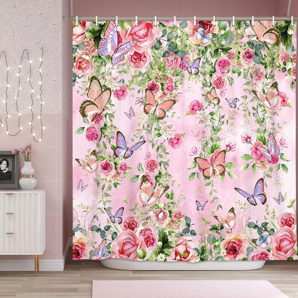 Pink Butterfly Shower Curtain Spring Bathroom Decor Set with Blooming ...