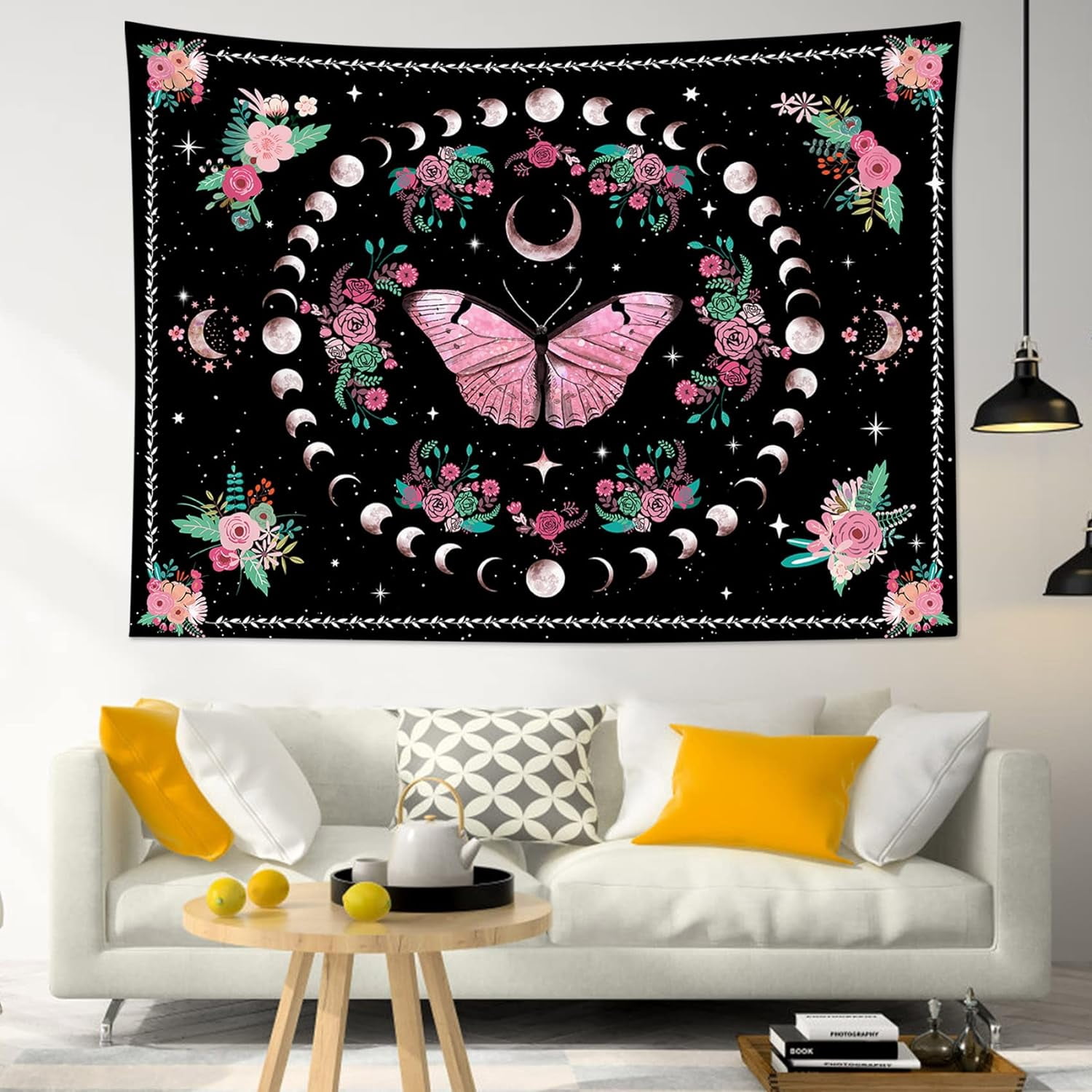 Pink Butterfly Tapestry Wall Hanging Boho Starry Sky and Moon Phase on ...