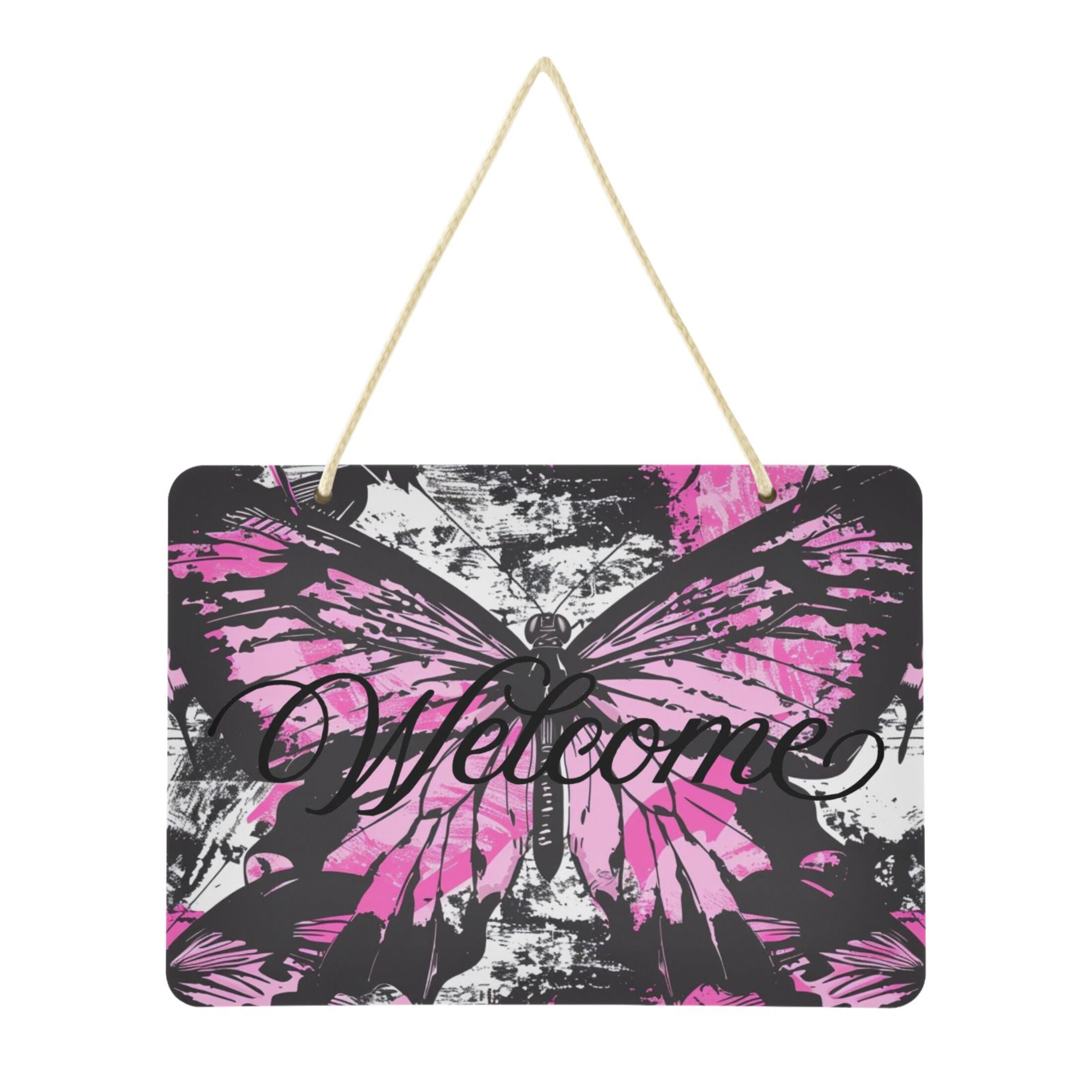 Pink Butterfly Welcome Sign Front Door PVC 14x10 inch Hanger Hello Sign ...