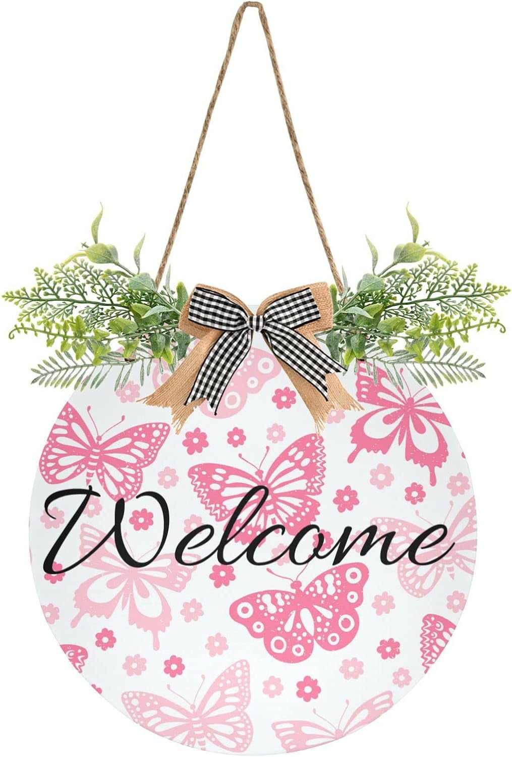 Pink Butterfly Welcome Sign for Front Door, Round Sign Hanging Welcome ...
