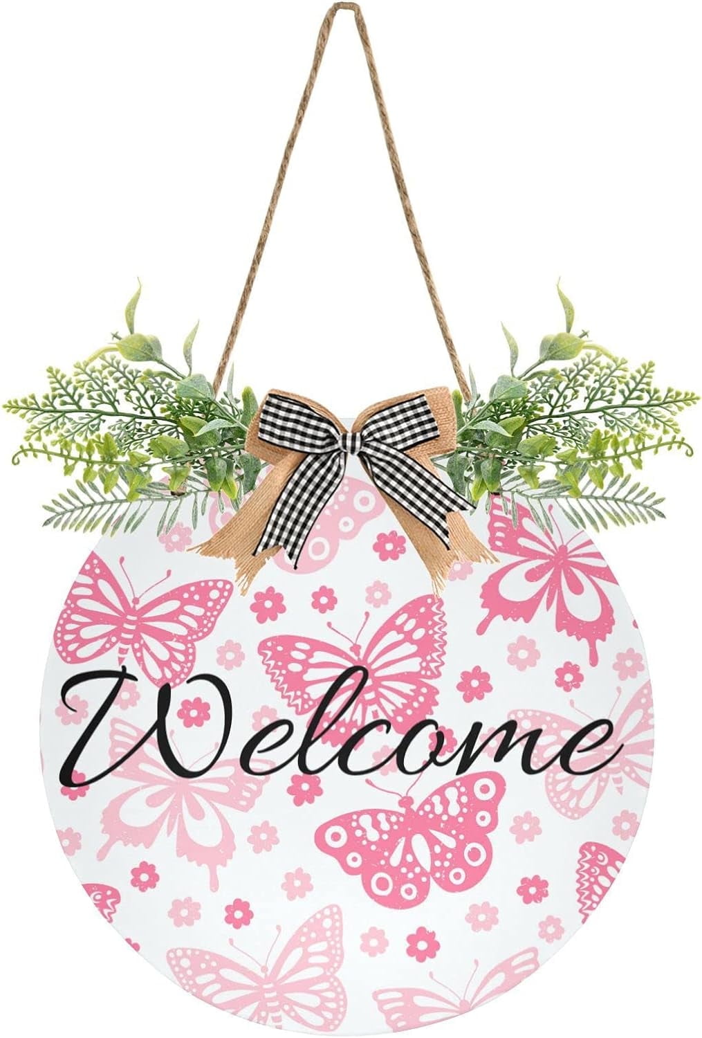 Pink Butterfly Welcome Sign for Front Door, Round Sign Hanging Welcome ...