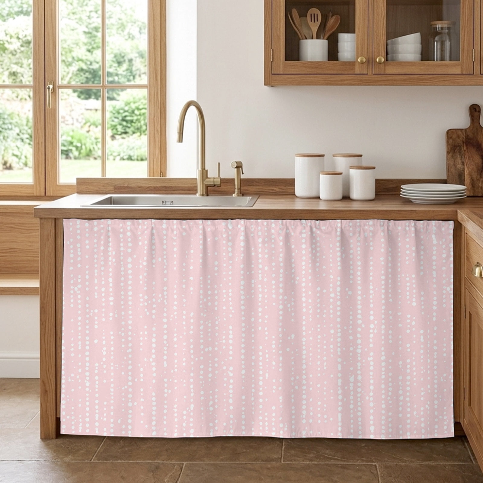 Pink Cabinet Curtains 28" W x 51" L, White Dots and Lines Fiber ...