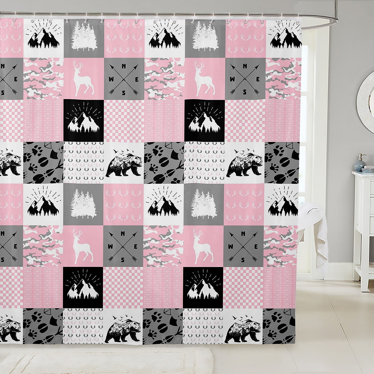Pink Camouflage Bath Curtain Woodland Bear Elk Deer Fabric Shower ...